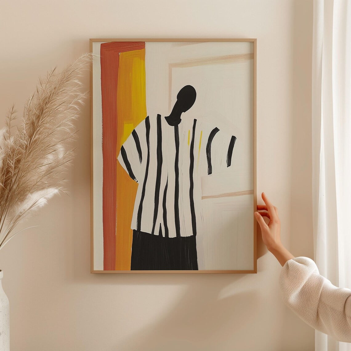 Modern Abstract Figure Art Print, Black And White Striped Outfit ...
