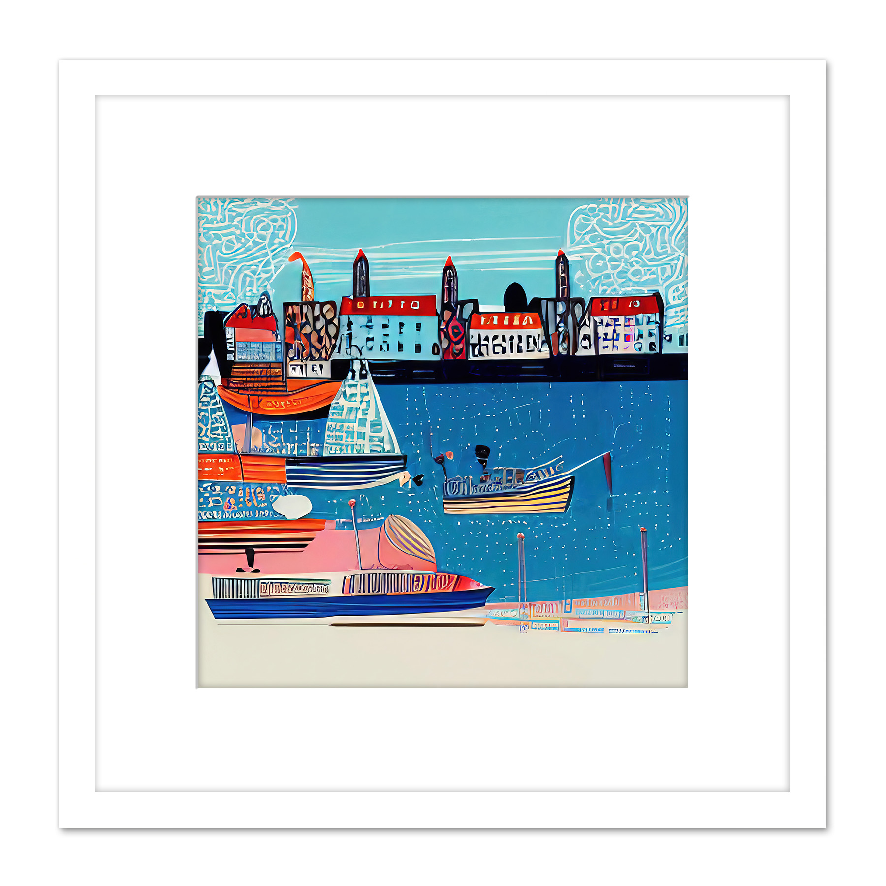 Modern Abstract Fishing Village Summer Harbour Seascape Folk Art ...