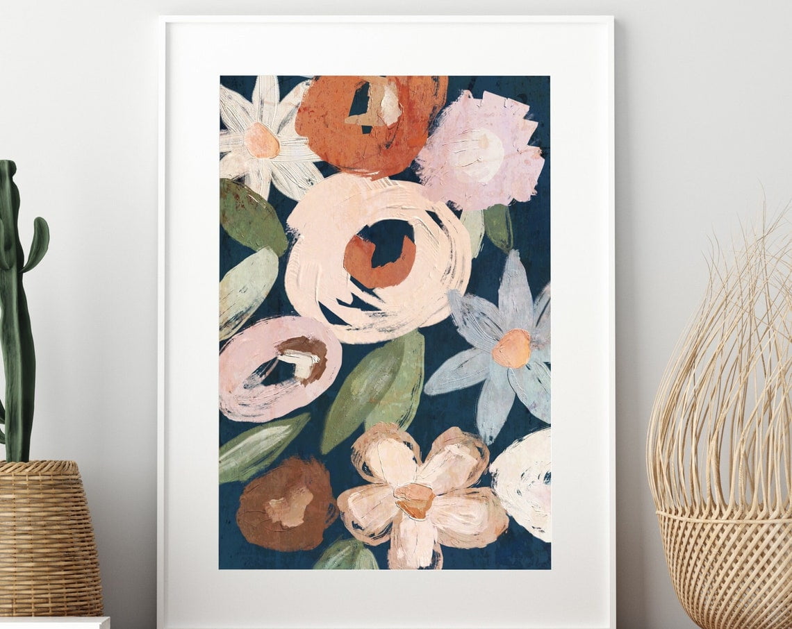 Modern Abstract Floral Art Plant Illustration Wall Art Botanical Navy ...