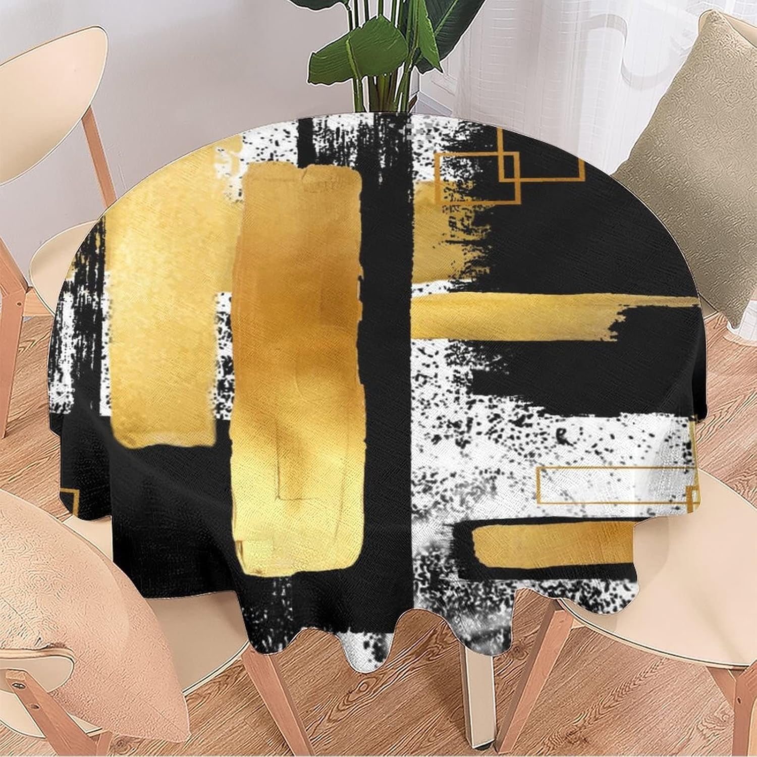 Modern Abstract Geometric Black White Gold Oil Painting Art Round ...