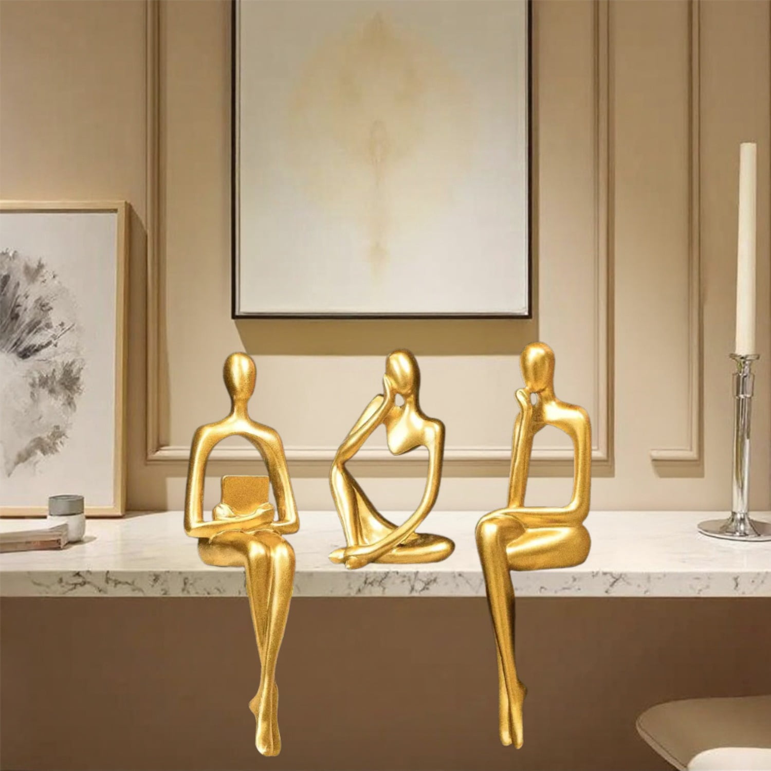 Modern Abstract Gold Thinker Sculptures, Set of 3 Small Resin Statues ...