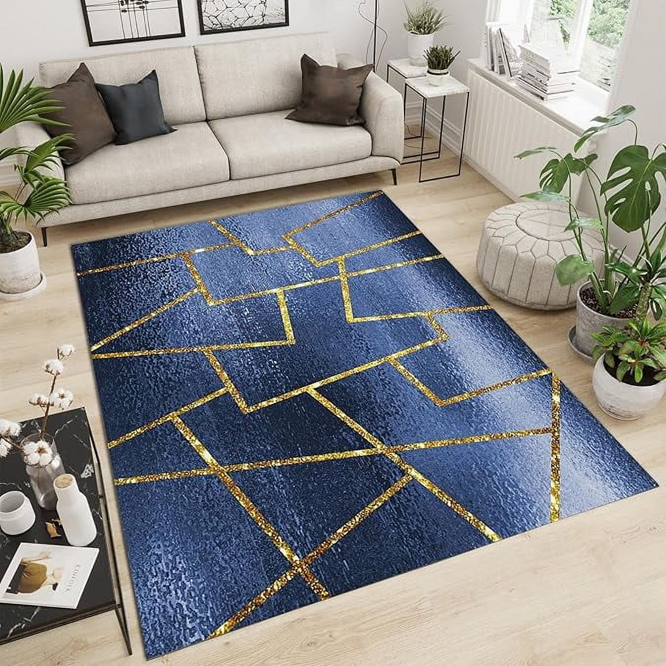 Modern Abstract Gradient Navy Area Rugs, Nordic Luxury Gold Line ...