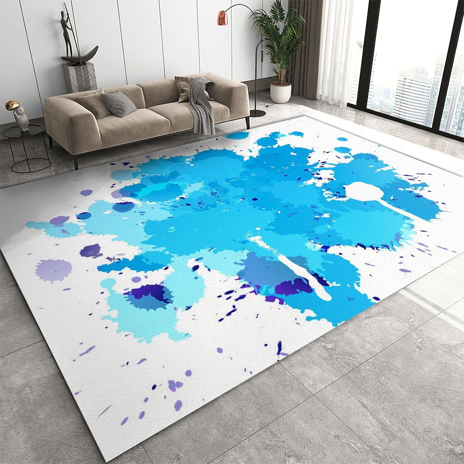 Modern Abstract Graffiti Blue Rug ，White Background Indoor Anti-Slip ...