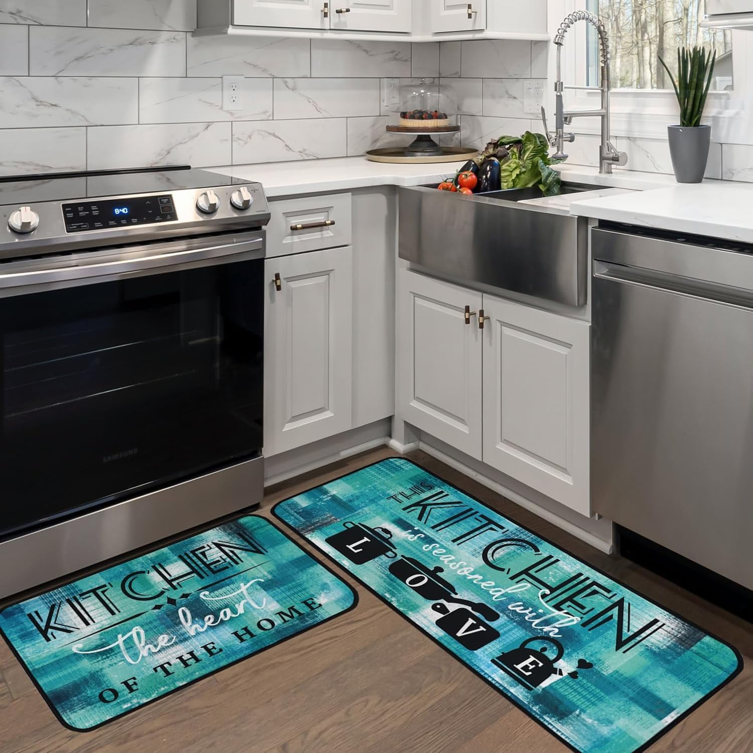 Modern Abstract Kitchen Mats for Floor, Blue Green Turquoise Teal ...