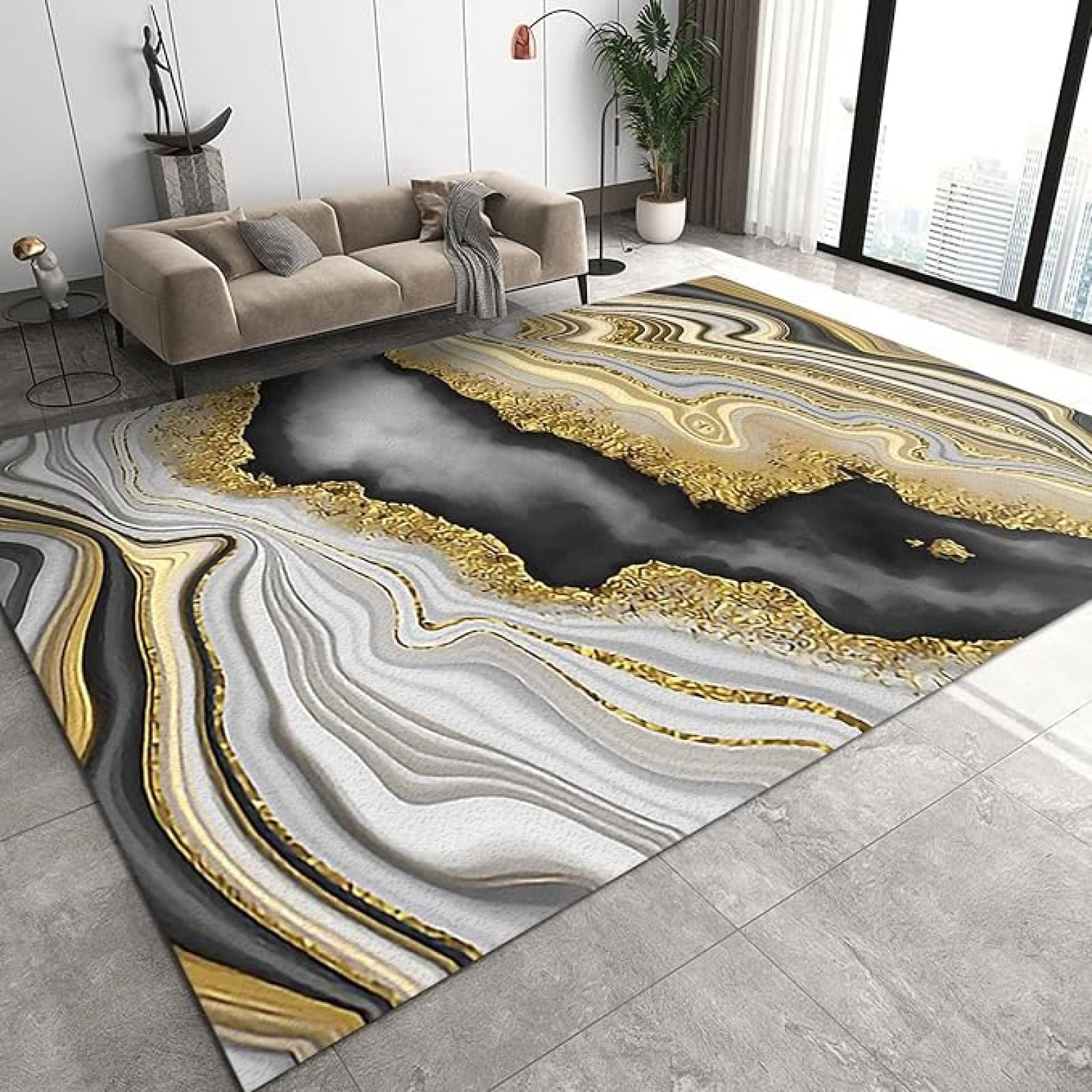 Modern Abstract Marble Area Rug, Light Luxury Black And White Gilt ...