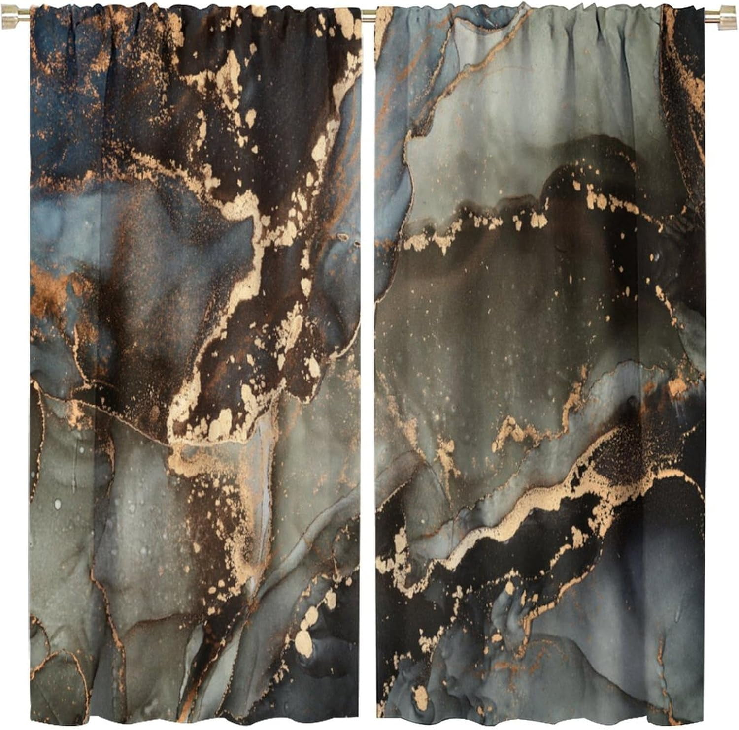 Modern Abstract Marble Room Darkening Curtains, Black Grey Gold Veins ...