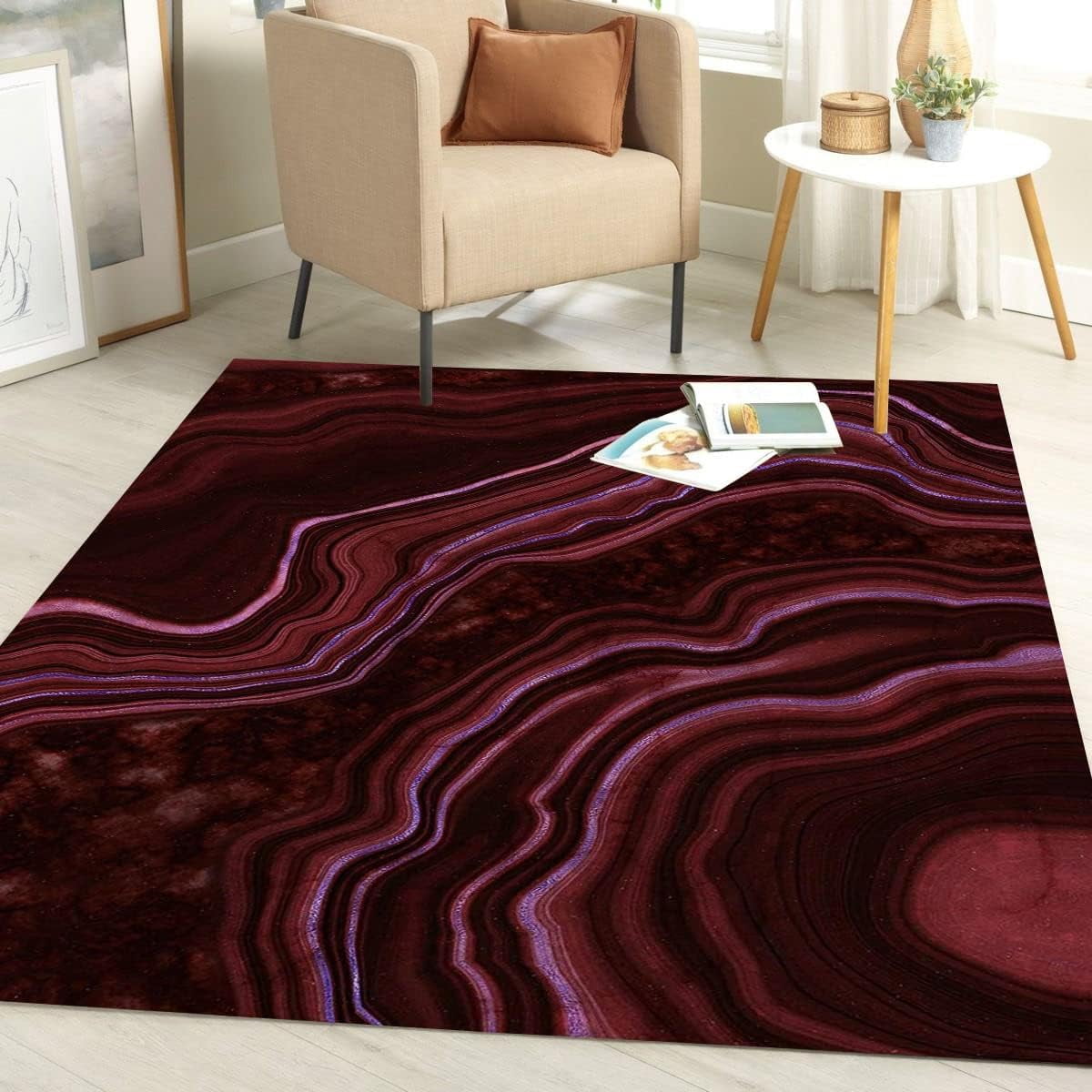 Modern Abstract Marble Swirl Area Rug Burgundy Carpet For Living Room ...