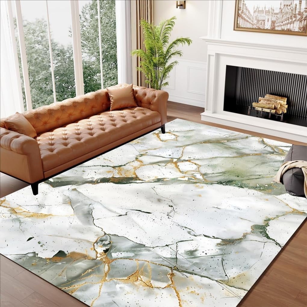 Modern Abstract Marble Texture Grey Gold Area Rug For Living Room ...