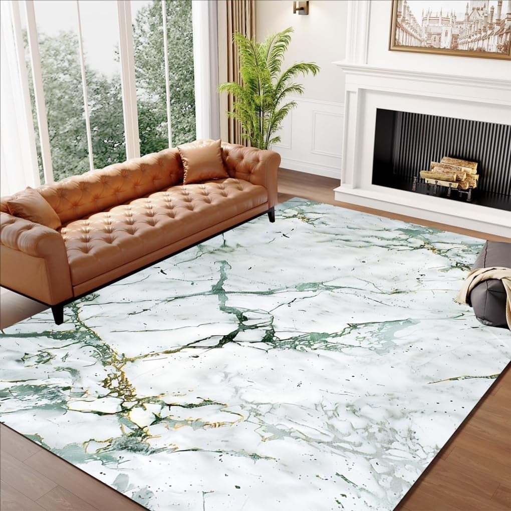Modern Abstract Marble Texture Grey Green Area Rug For Living Room ...