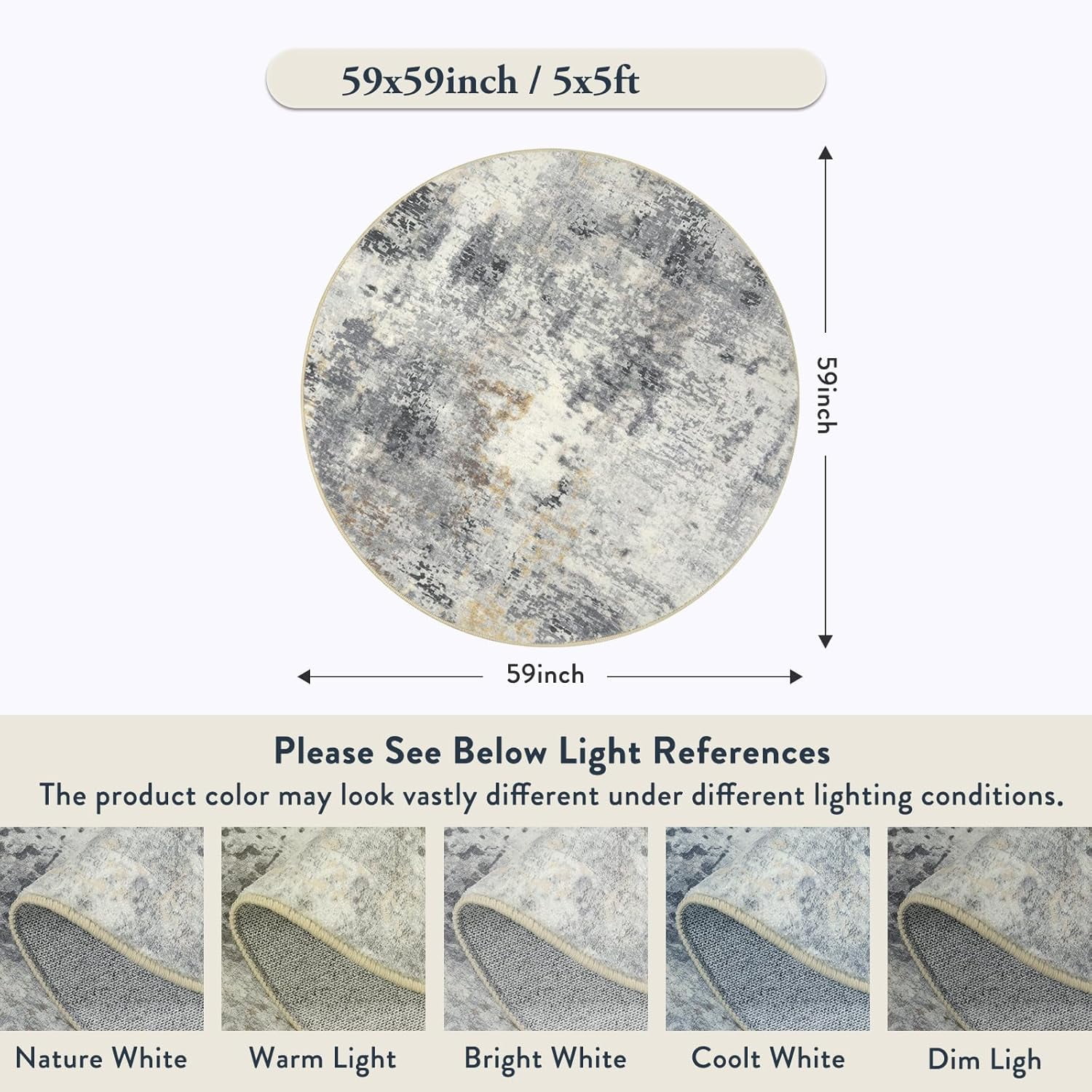 Modern Abstract Round Rug - 5Ft Grey Living Room Rugs Washable 5x5 ...