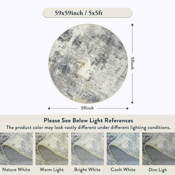 Modern Abstract Round Rug - 5Ft Grey Living Room Rugs Washable 5x5 ...