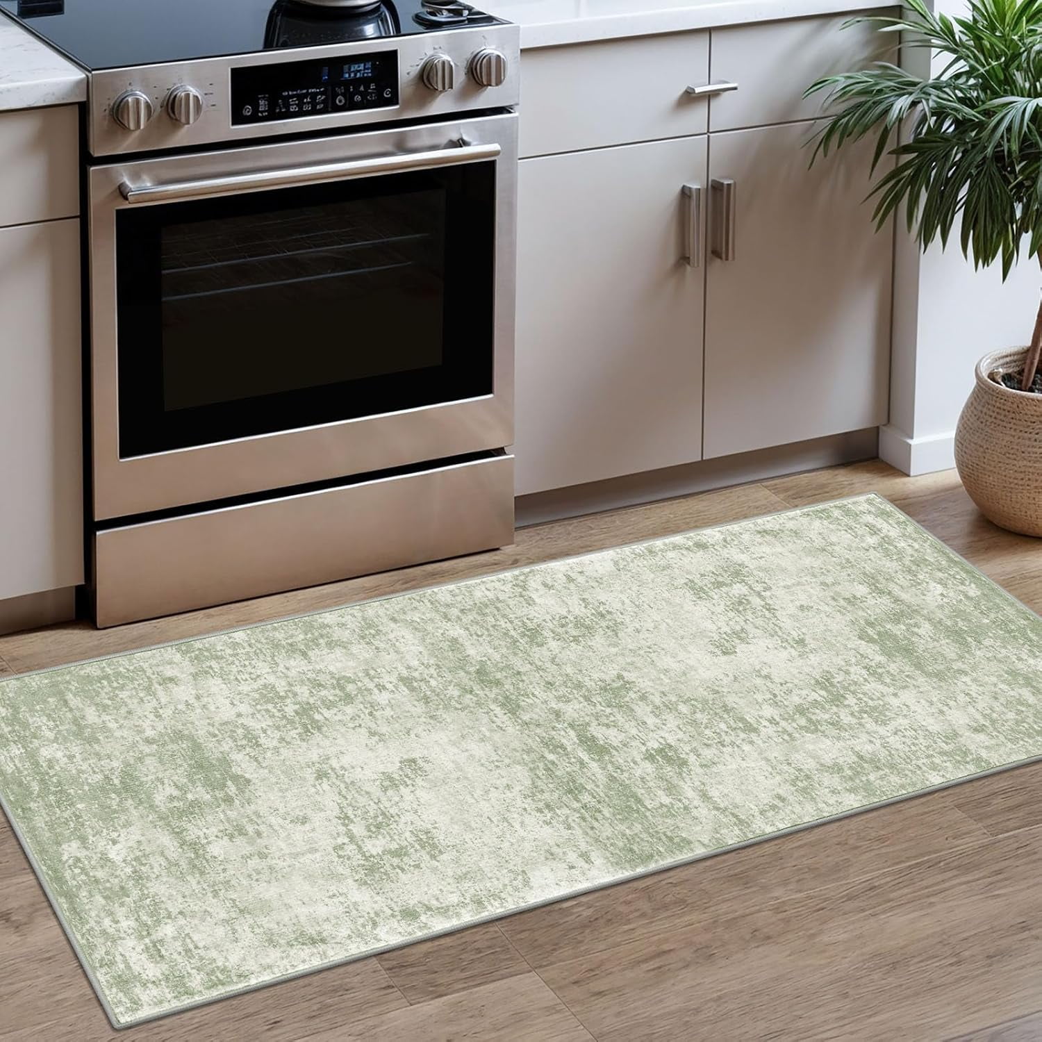 Modern Abstract Runner Rug , Sage Green Grey Washable Kitchen Runner ...