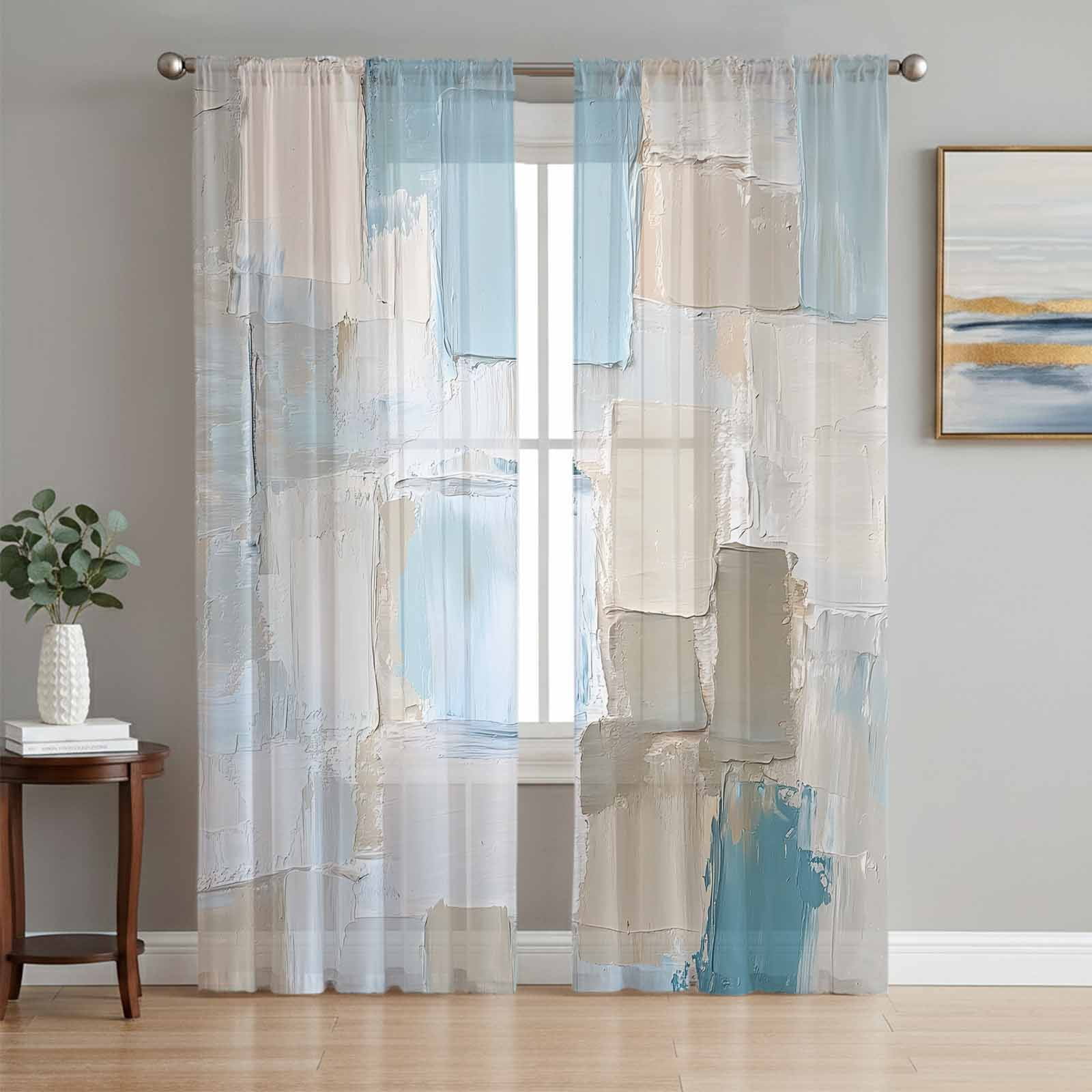 Modern Abstract Sheer Curtains 72 Inch Length 2 Panels Set, Blue Beige ...