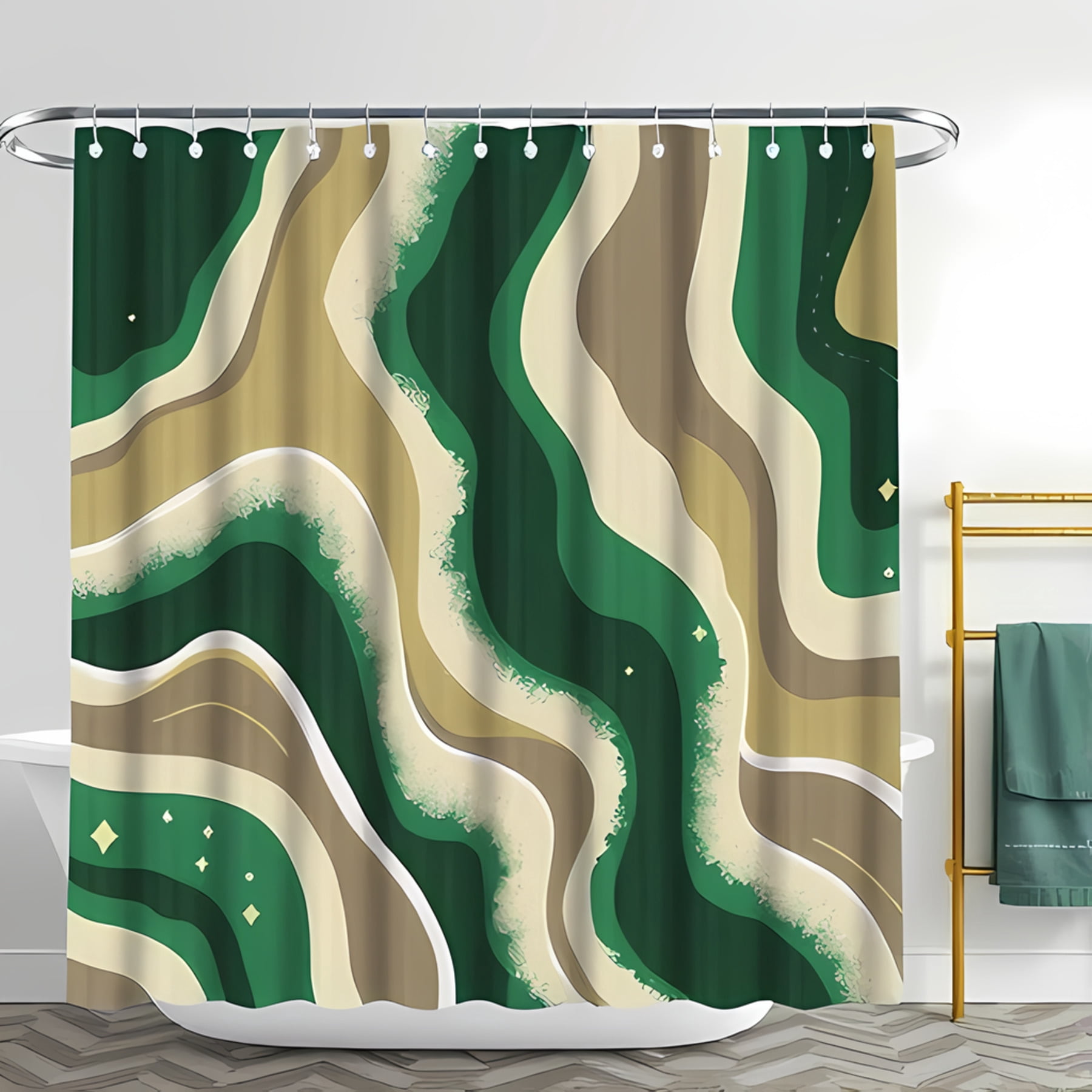 Modern Abstract Shower Curtain - Green Beige & White Geometric Pattern ...