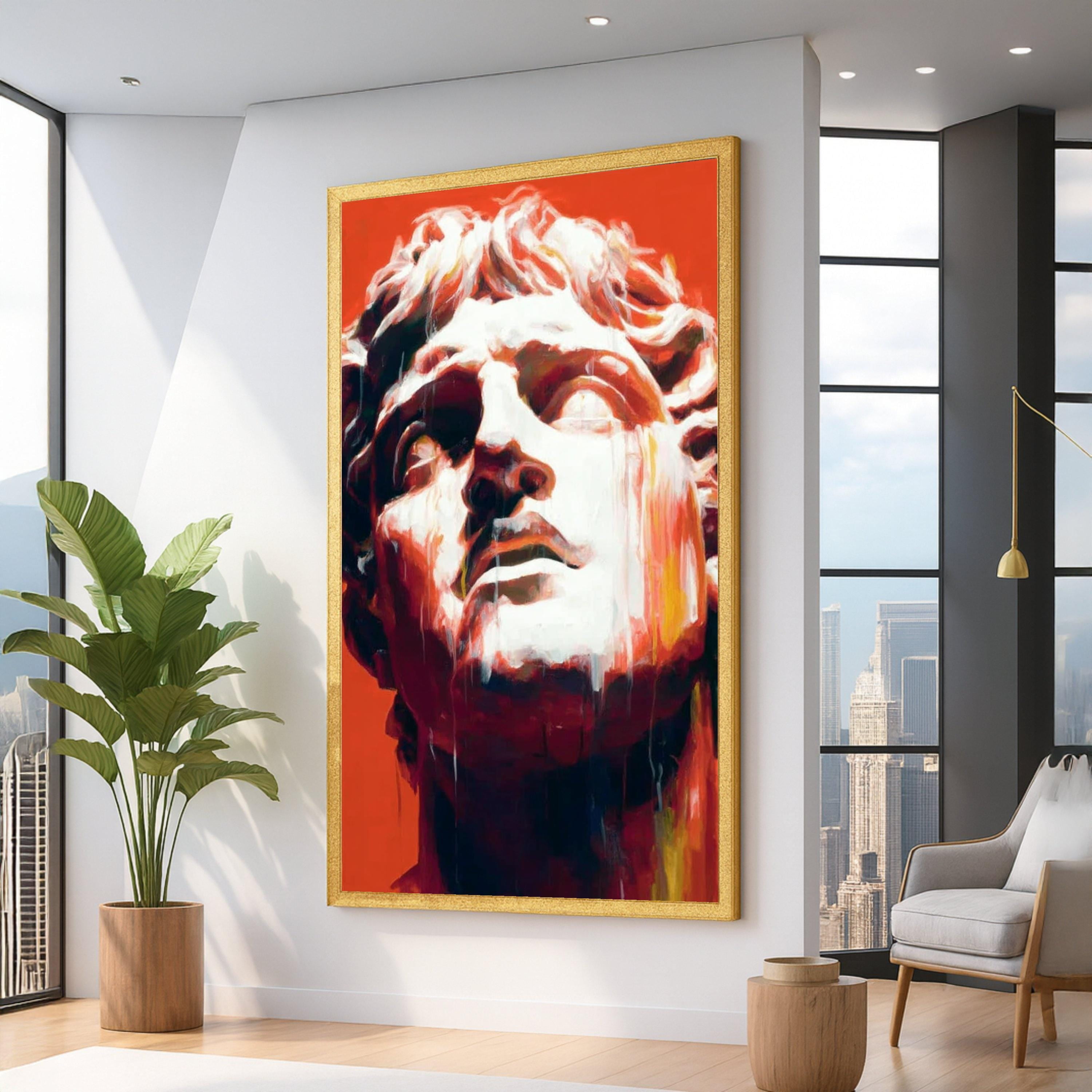 Modern Abstract Statue Portrait, Bold Red And White Face Art ...