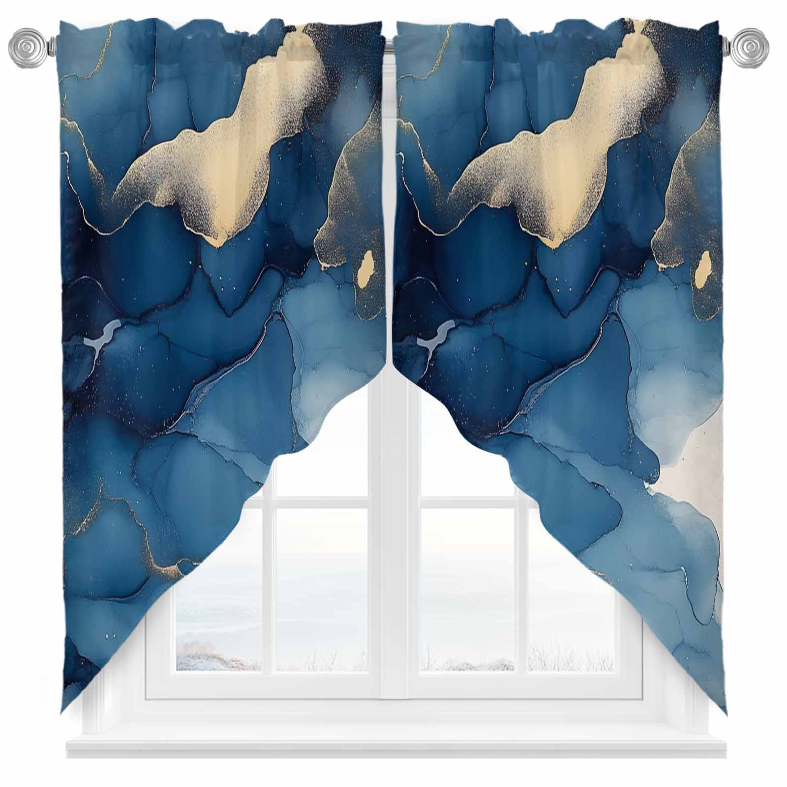 Modern Abstract Swag Curtain Valance for Windows, Art Marble Blue Gold ...
