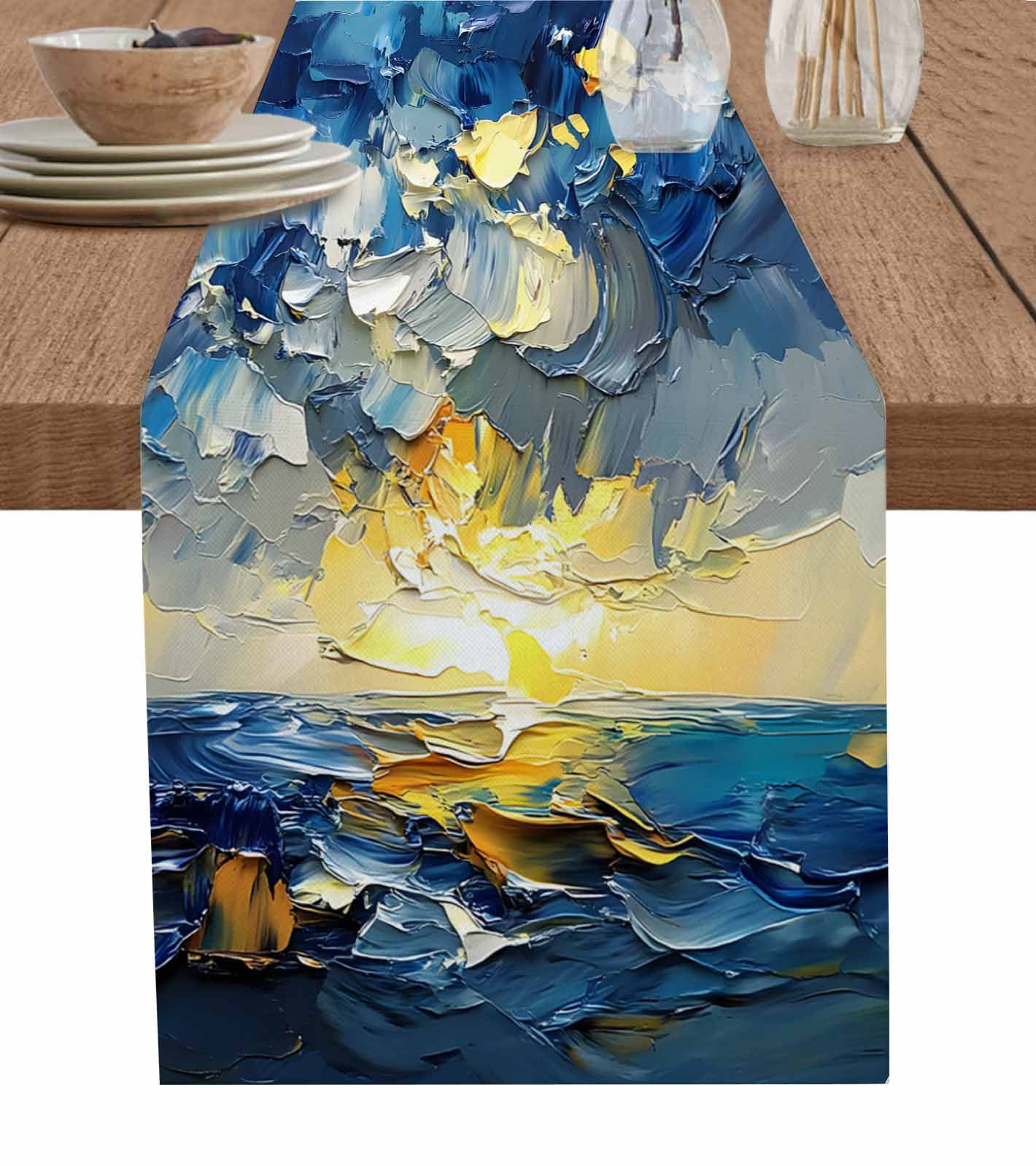 Modern Abstract Table Runner 108 Inches, Blue Yellow Abstract Ombre Oil ...