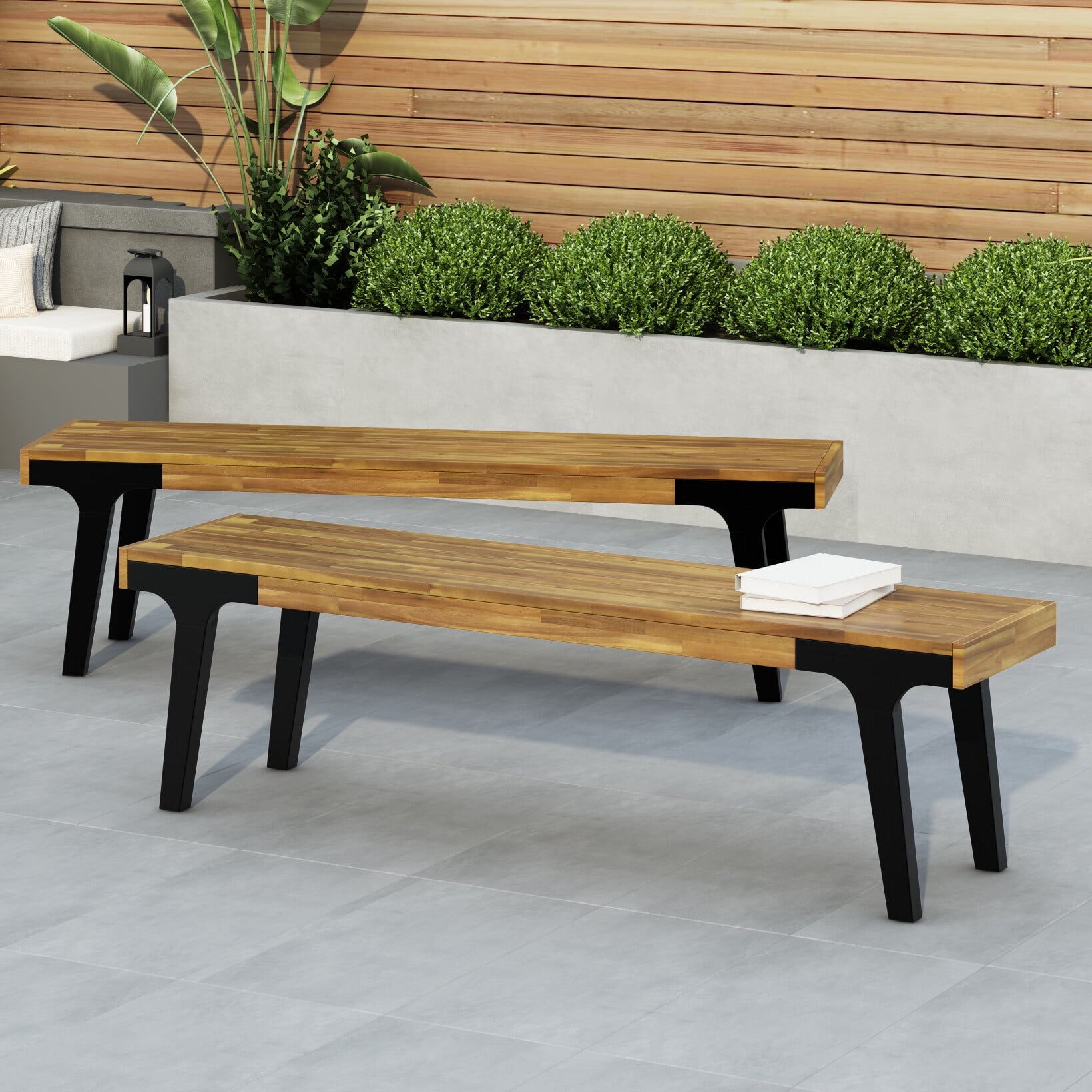 Modern Acacia Wood Dining Bench Set of 2 - Slatted Weather-Resistant ...