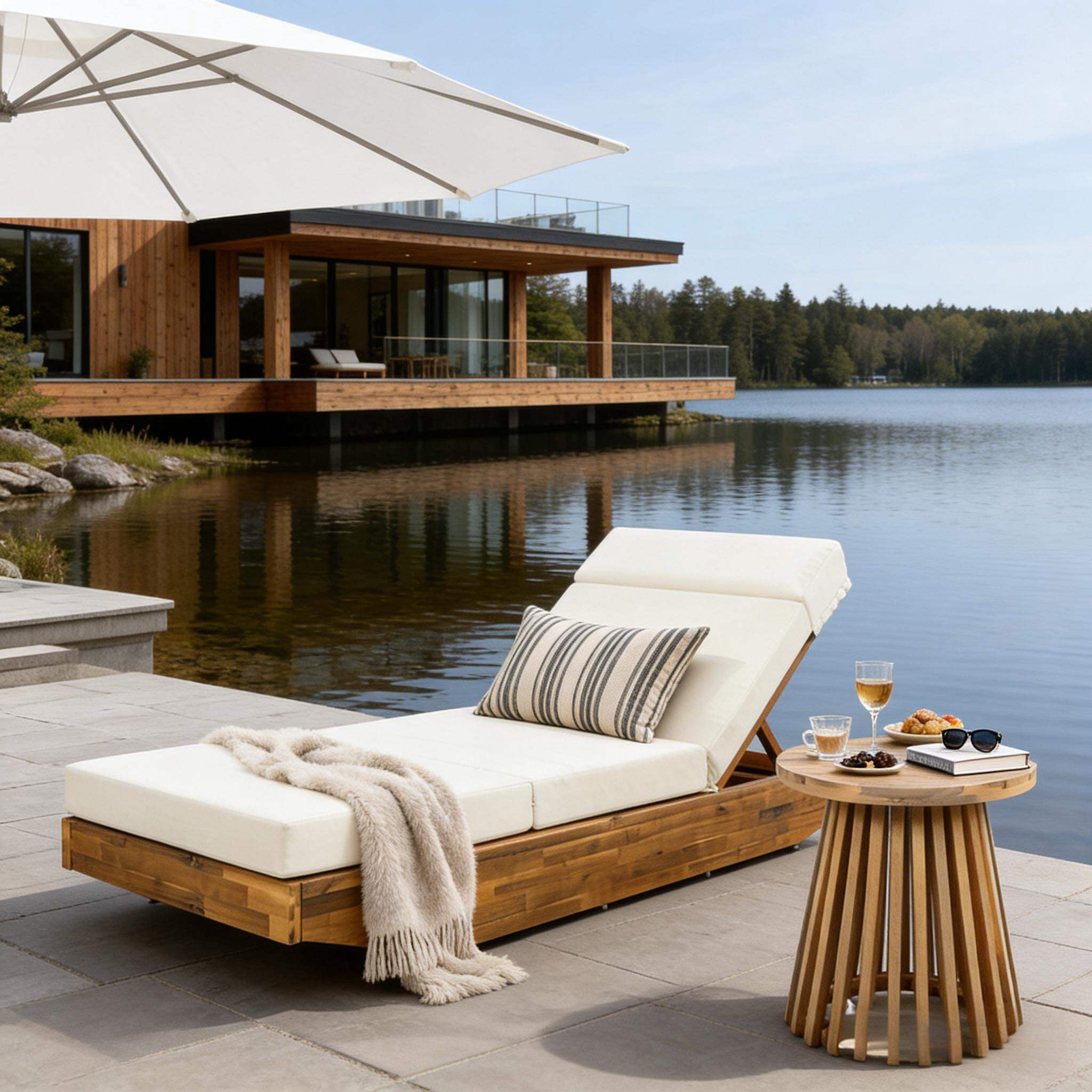 Modern Acacia Wood Outdoor Chaise Lounge with Beige Water-Repellent ...