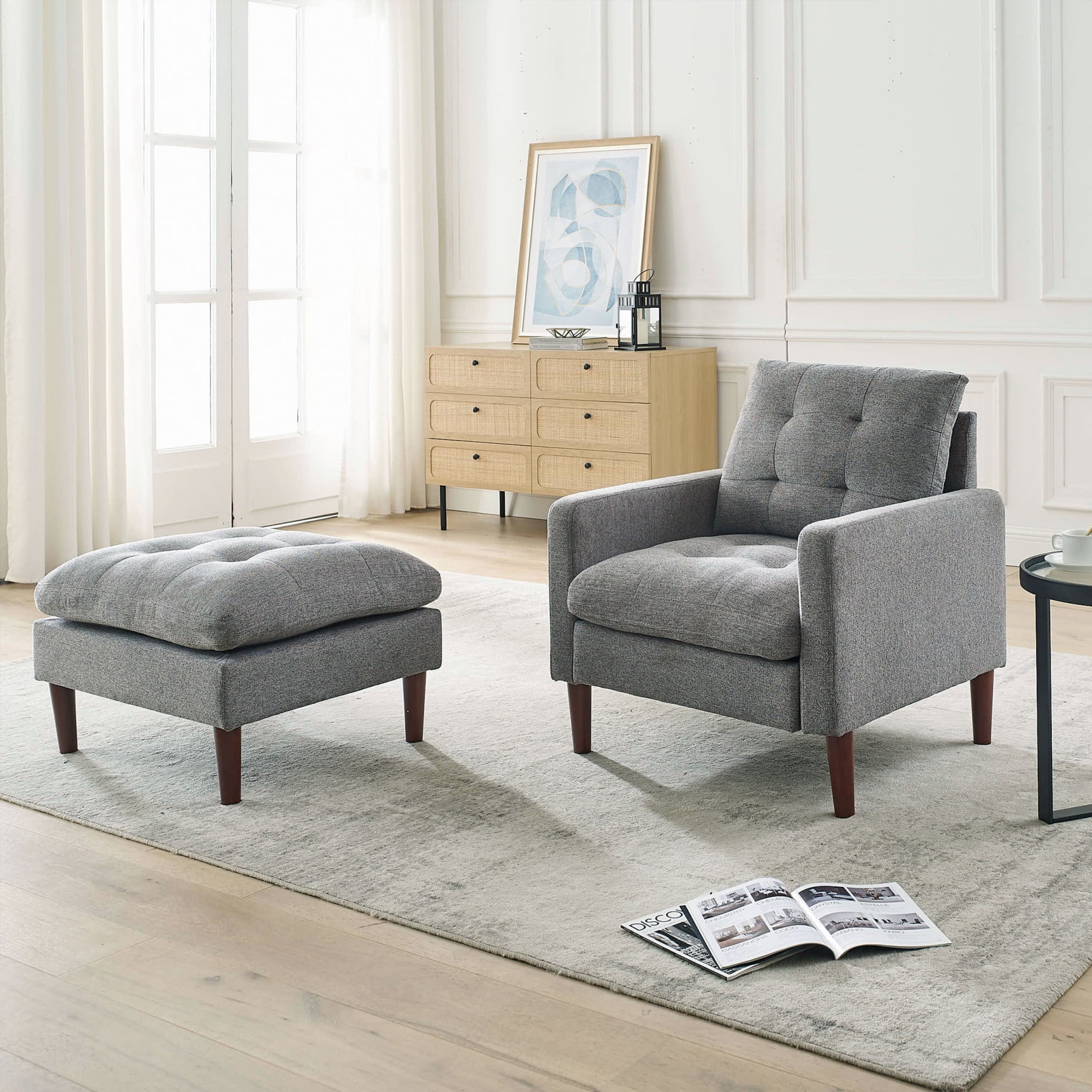 Modern Accent Arm Chair with Ottoman, Fabric Upholstered Single Sofa ...