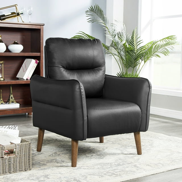 Modern Accent Armchair Faux Leather Wood Frame Single Sofa Club Arm ...