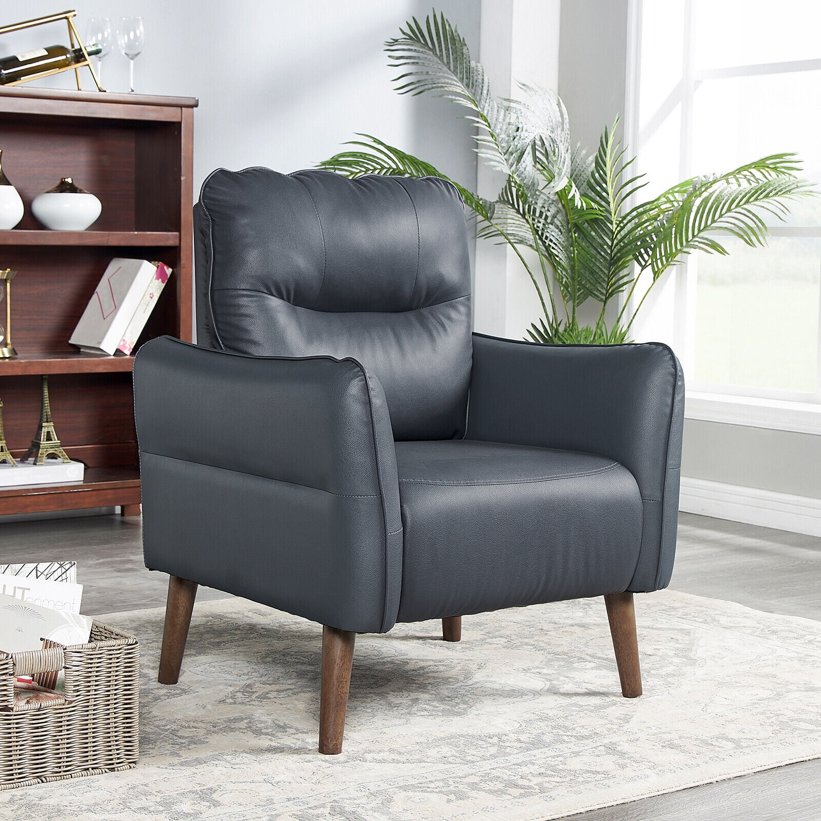 Modern Accent Armchair Faux Leather Wood Frame Single Sofa Club Arm ...