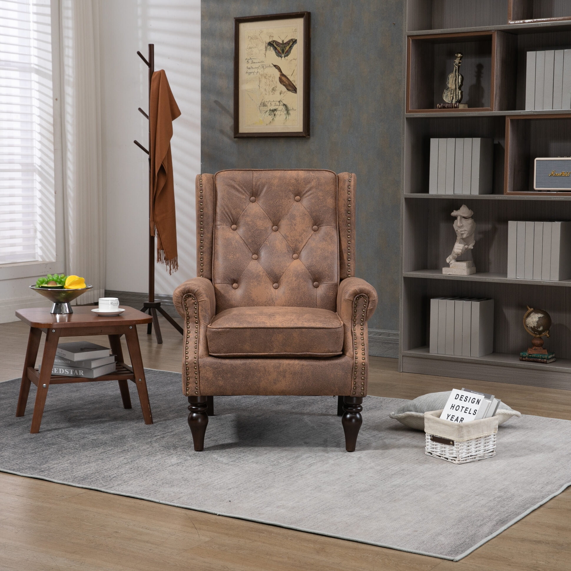 Modern Accent Armchair with Rivet Design & Gourd-Shaped Wooden Legs ...