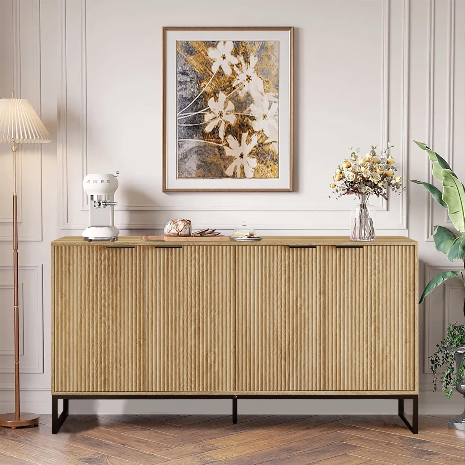 Modern Accent Cabinet, Kitchen Sideboard Buffet Cabinet with 4 Fluted ...