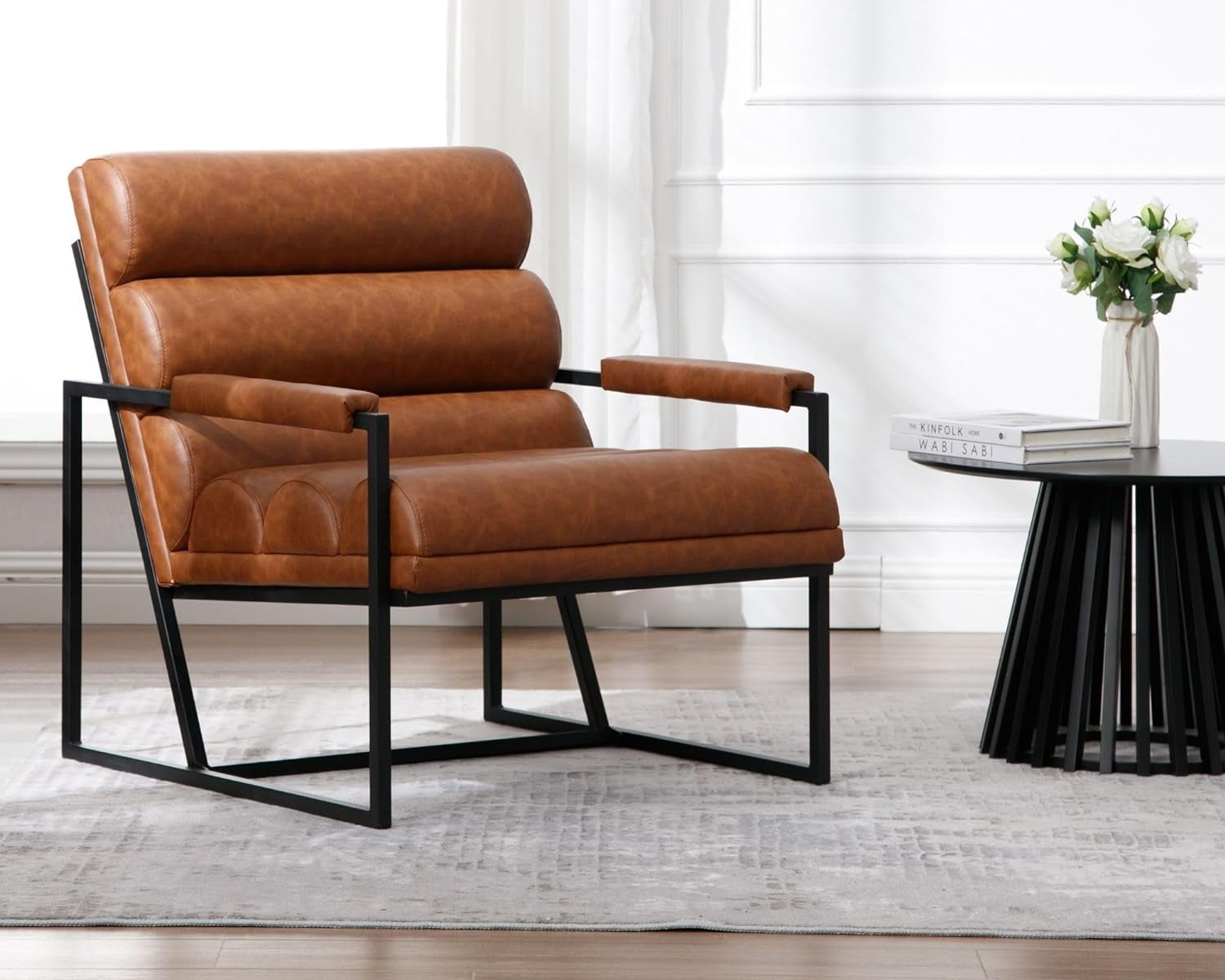 Modern Accent Chair, Brown PU Leather Channel Tufting Upholstered ...