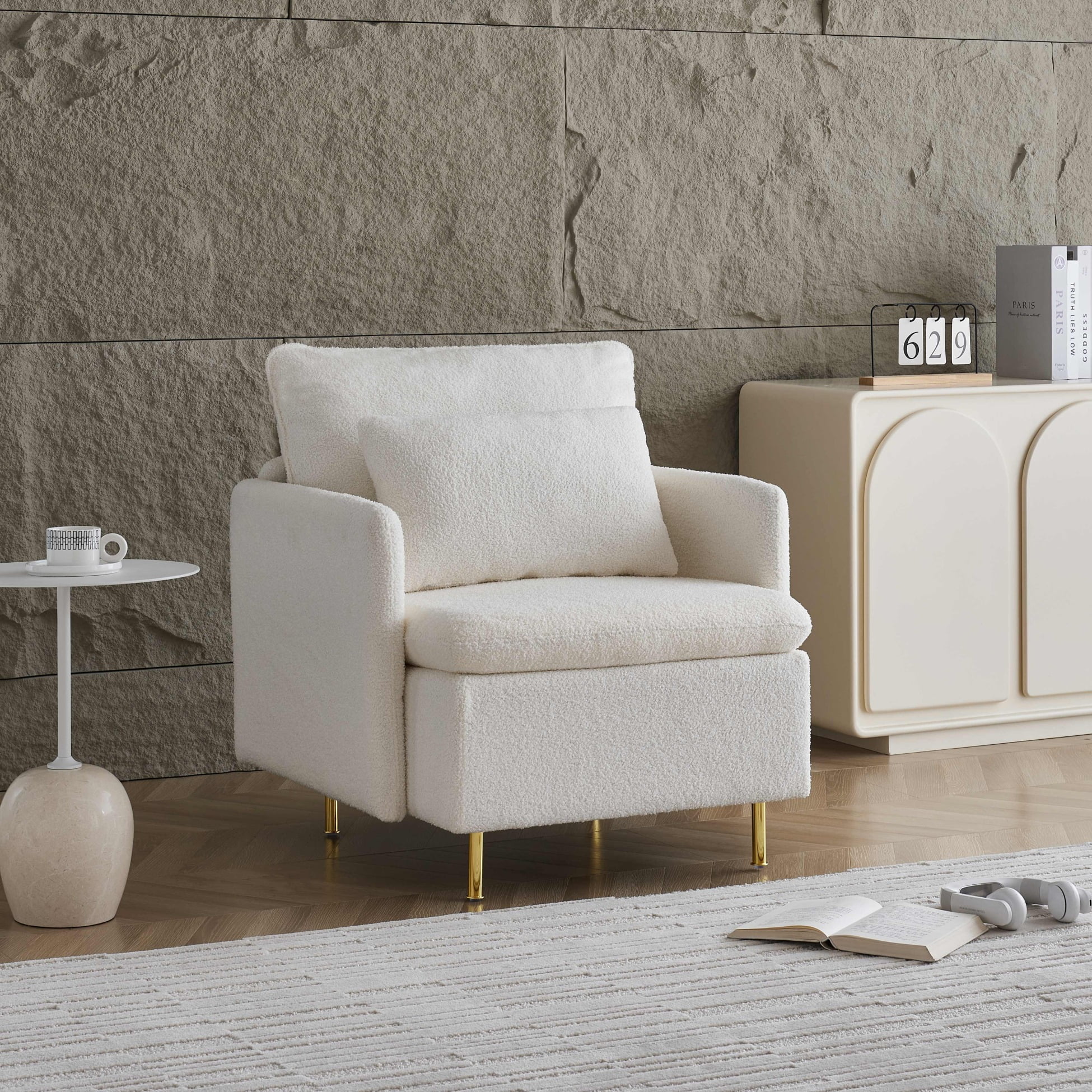 Modern Accent Chair, Comfy Sherpa Upholstered Armchair with Solid Wood ...