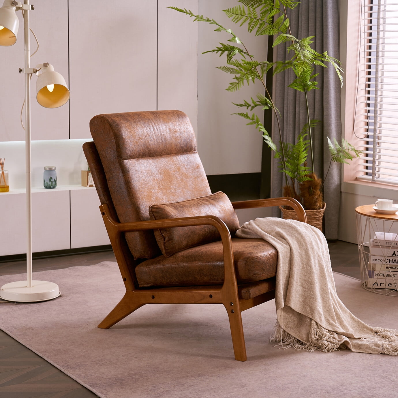 Modern Accent Chair with High Backrest and 1 Lumbar Pillow, Iron Frame ...