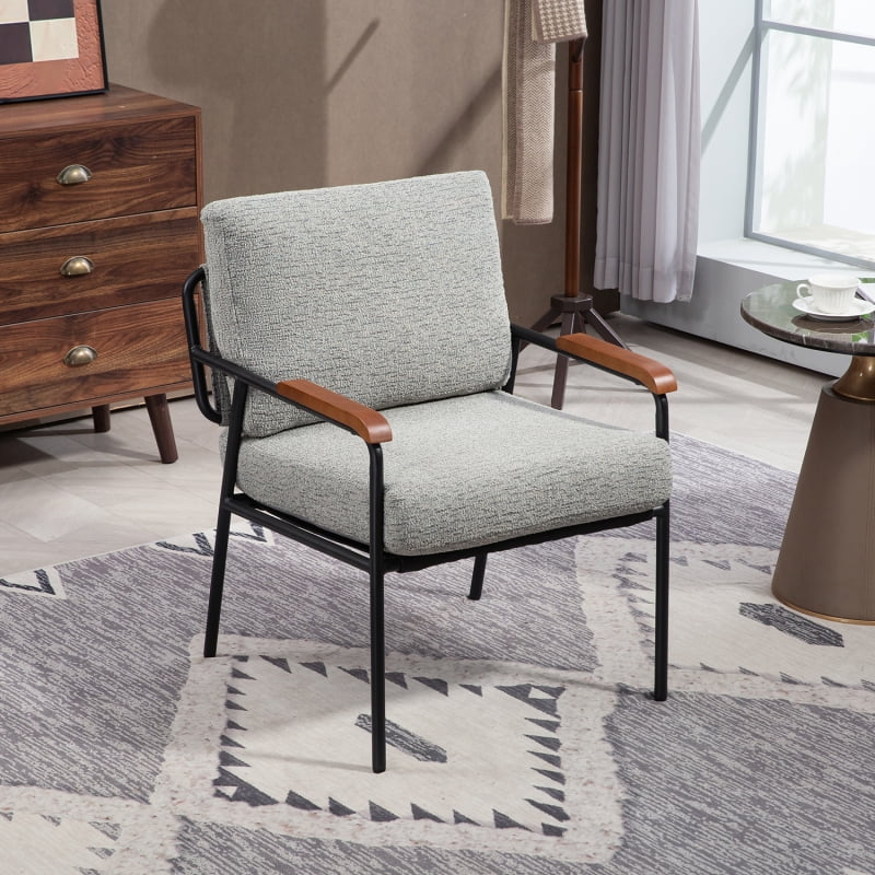 Modern Accent Chair with Natural Wood Armrests and Black Metal Frame ...