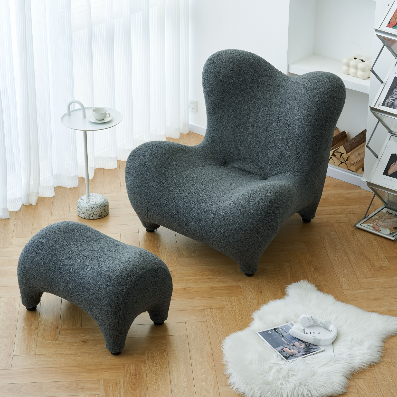 Modern Accent Chair with Ottoman Set, High Back Sherpa Fleece Fabric ...