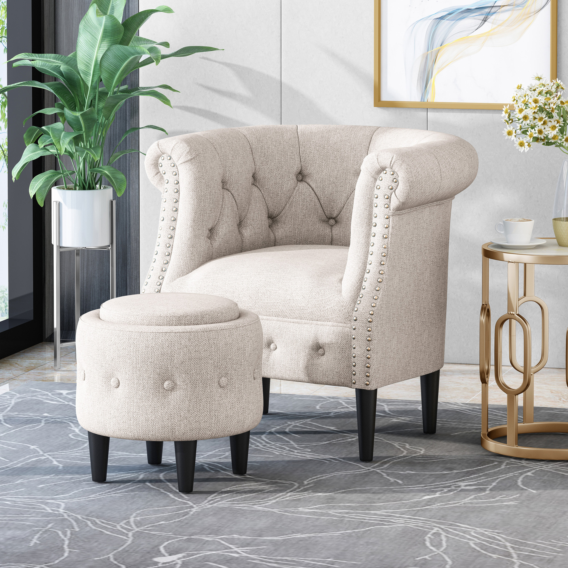 Modern Accent Chair with Ottoman, Upholstered Lazy Arm Chair, Fabric ...
