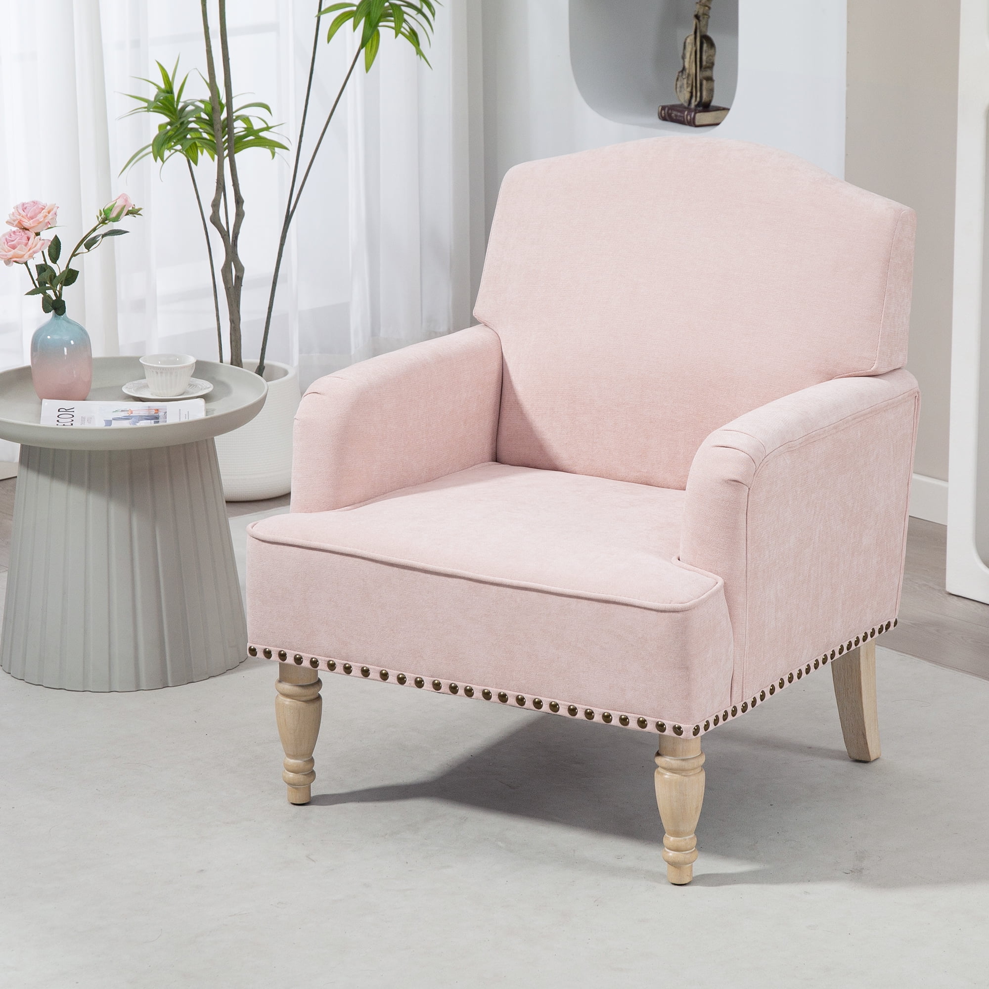 Modern Accent Chair with Retro Wooden Legs & Nailhead Trim Small Fabric ...