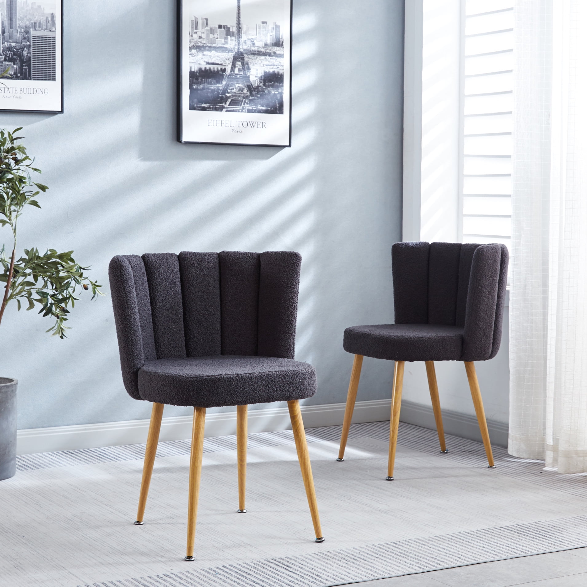 Modern Accent Chair Set of 2, Upholstered Short Fur Dining Chairs with ...