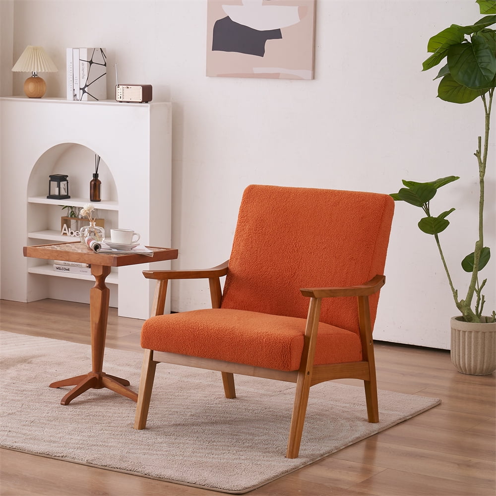 Modern Accent Chair, Teddy Fleece Armchair with Solid Wood Armrest and ...