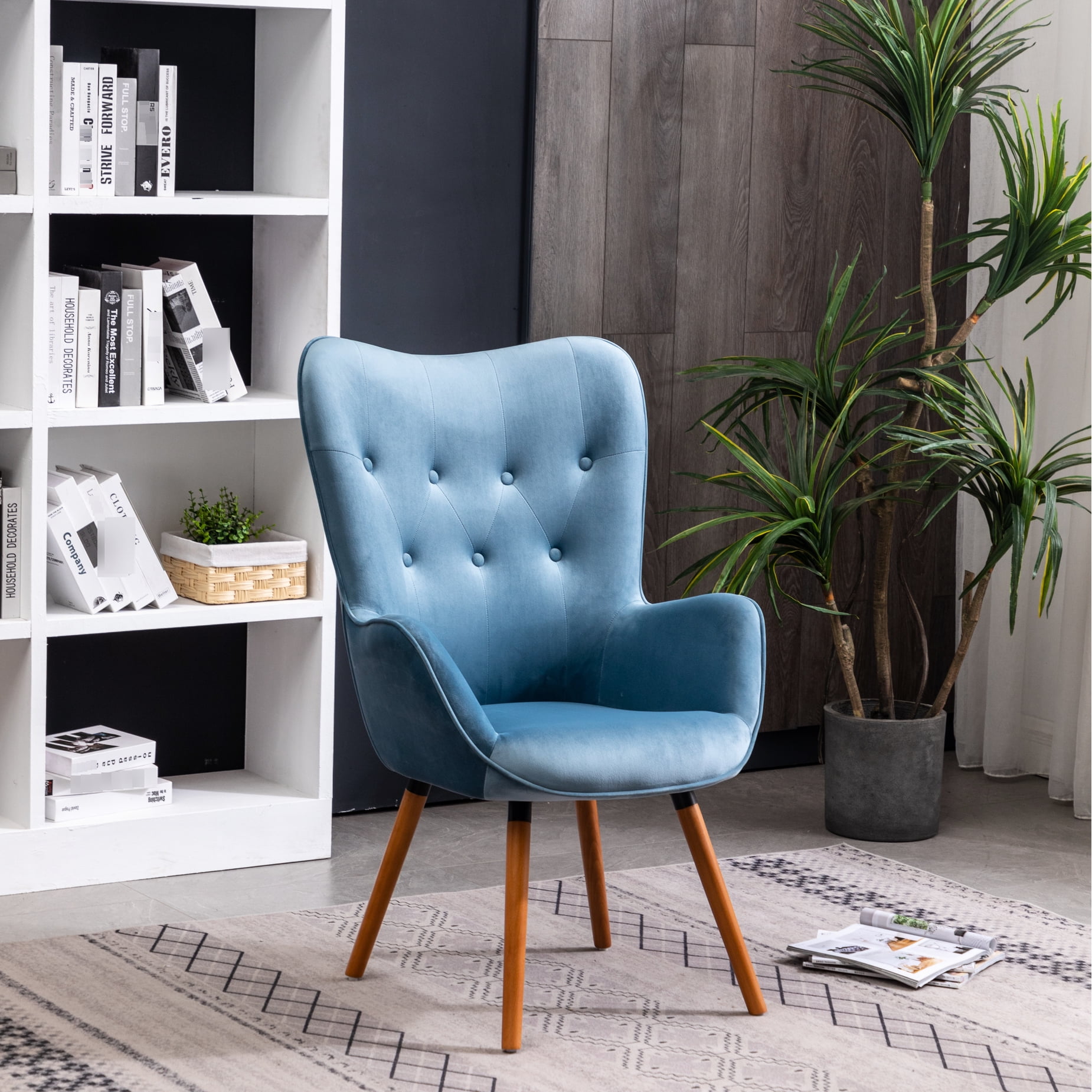 Modern Accent Chair With Blue Velvet Upholstery And Button Back, Solid ...