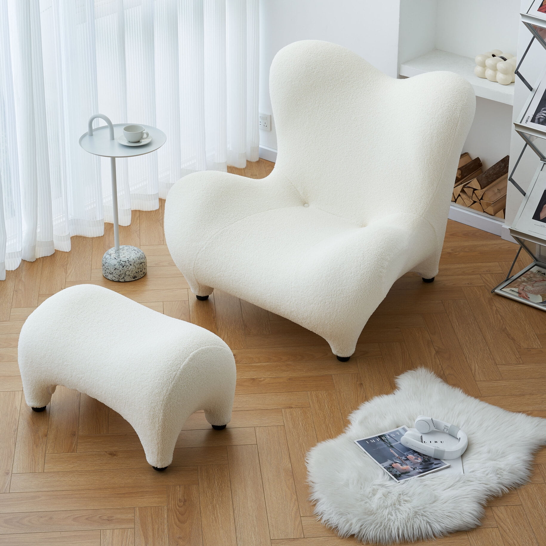 Modern Accent Chair and Ottoman Set, Sherpa Fabric Armchair with High ...