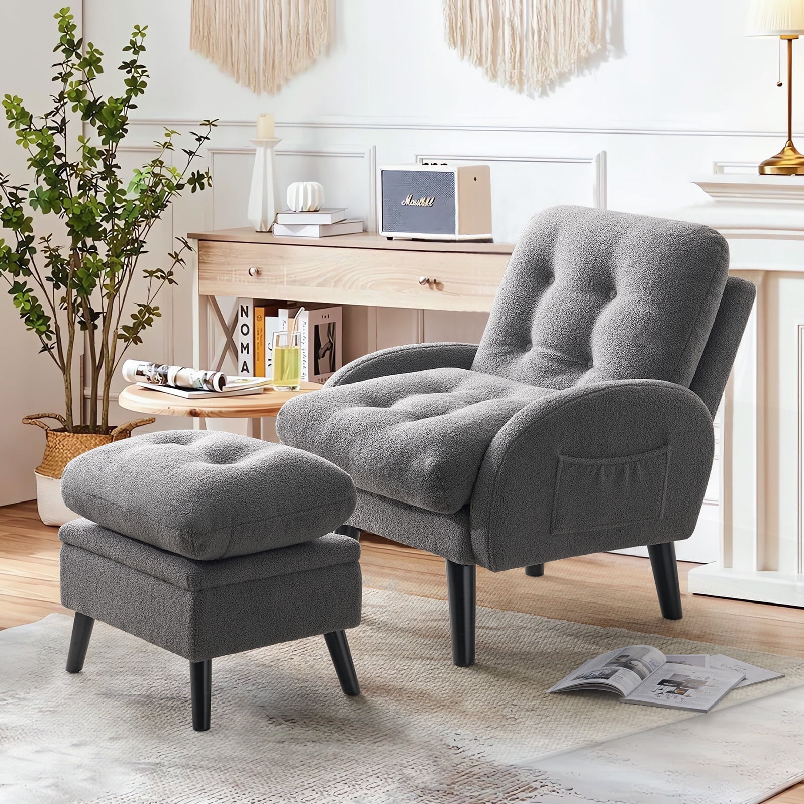 Modern Accent Chair with Ottoman, Adjustable Backrest Sherpa Reading ...