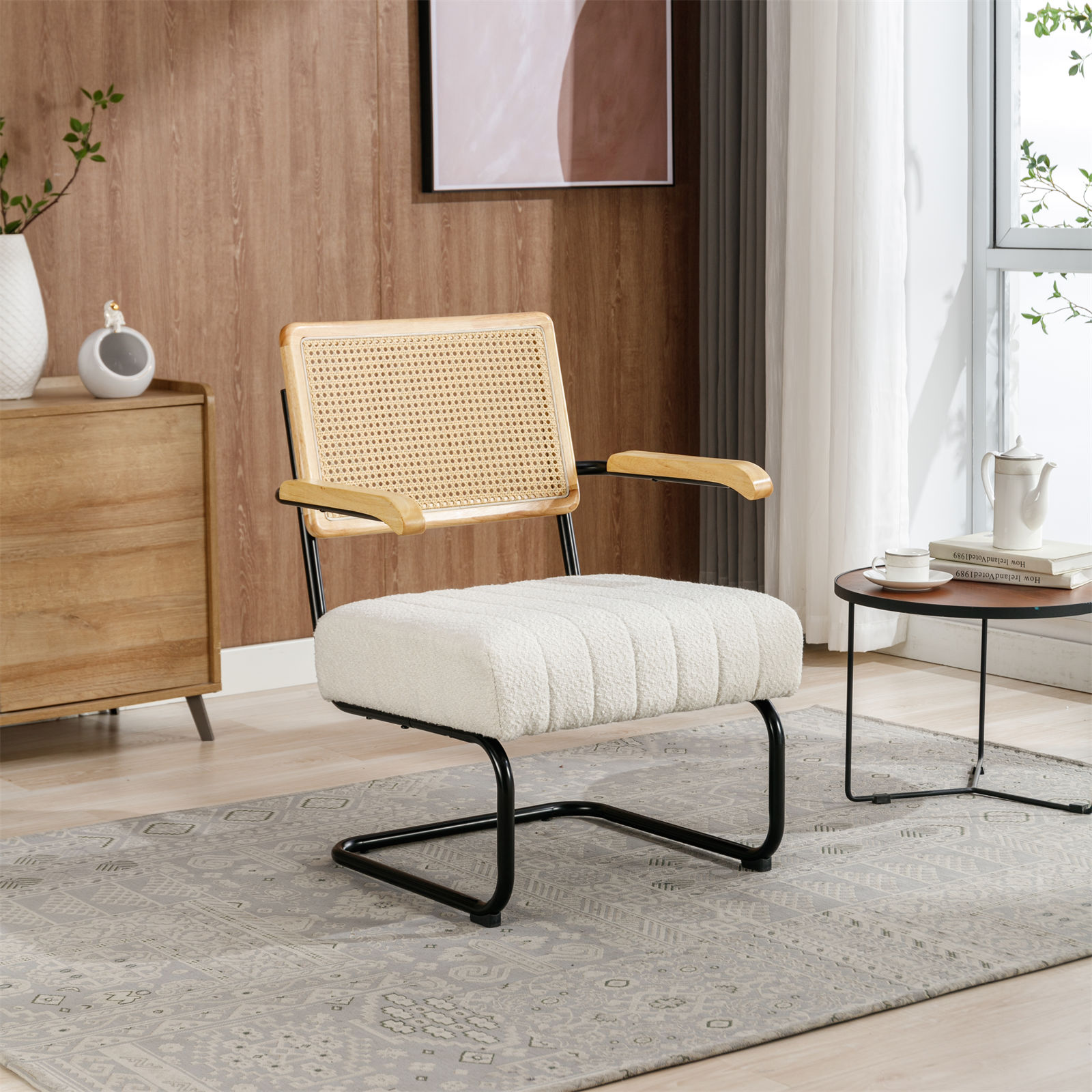 Modern Accent Chair with Rattan Backrest, Industrial Slant Armchair ...