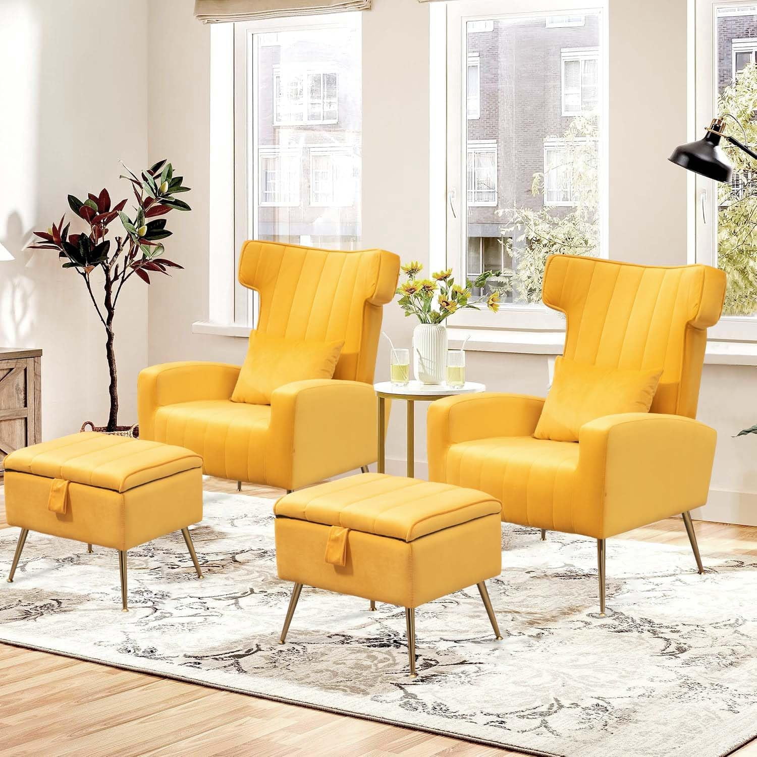 Modern Accent Chairs Set of 2 with Storage Ottoman for Living Room ...