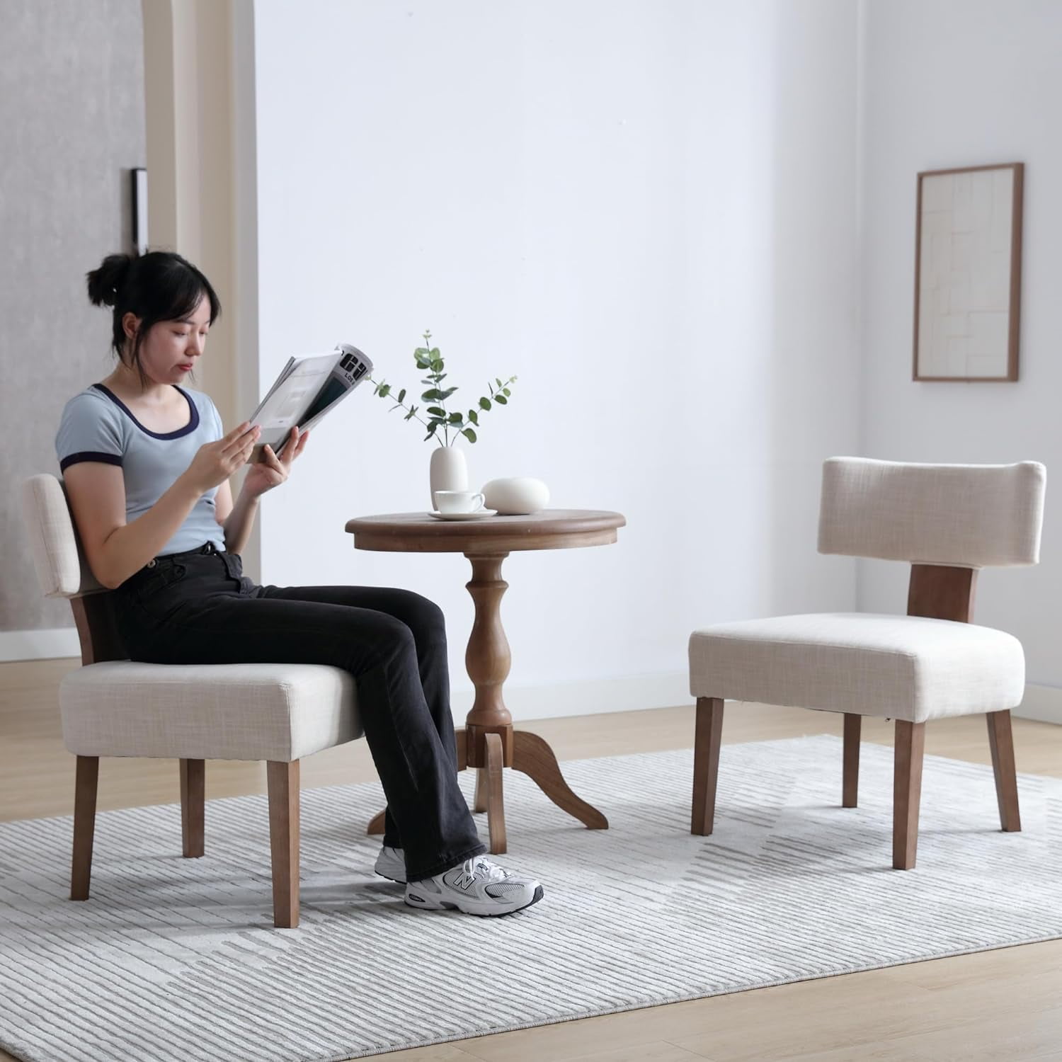 Modern Accent Chairs with Wood Legs, Farmhouse Linen Upholstered with ...