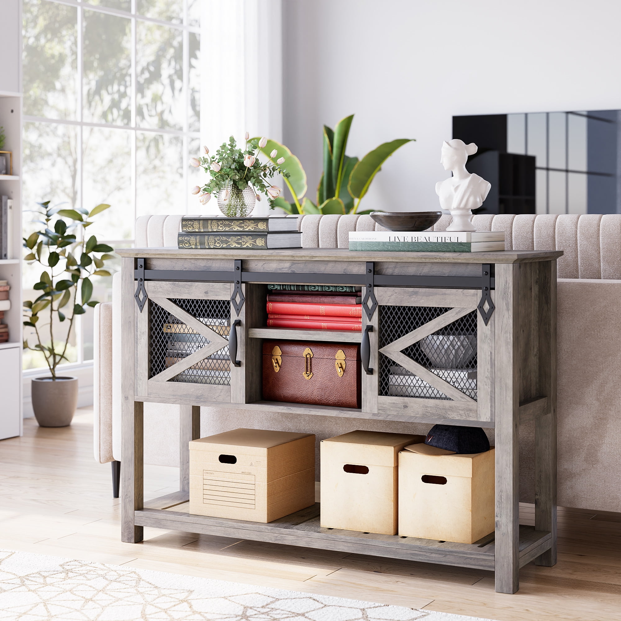 Modern Accent Console Table, Farmhouse Entryway Table with Sliding Barn ...