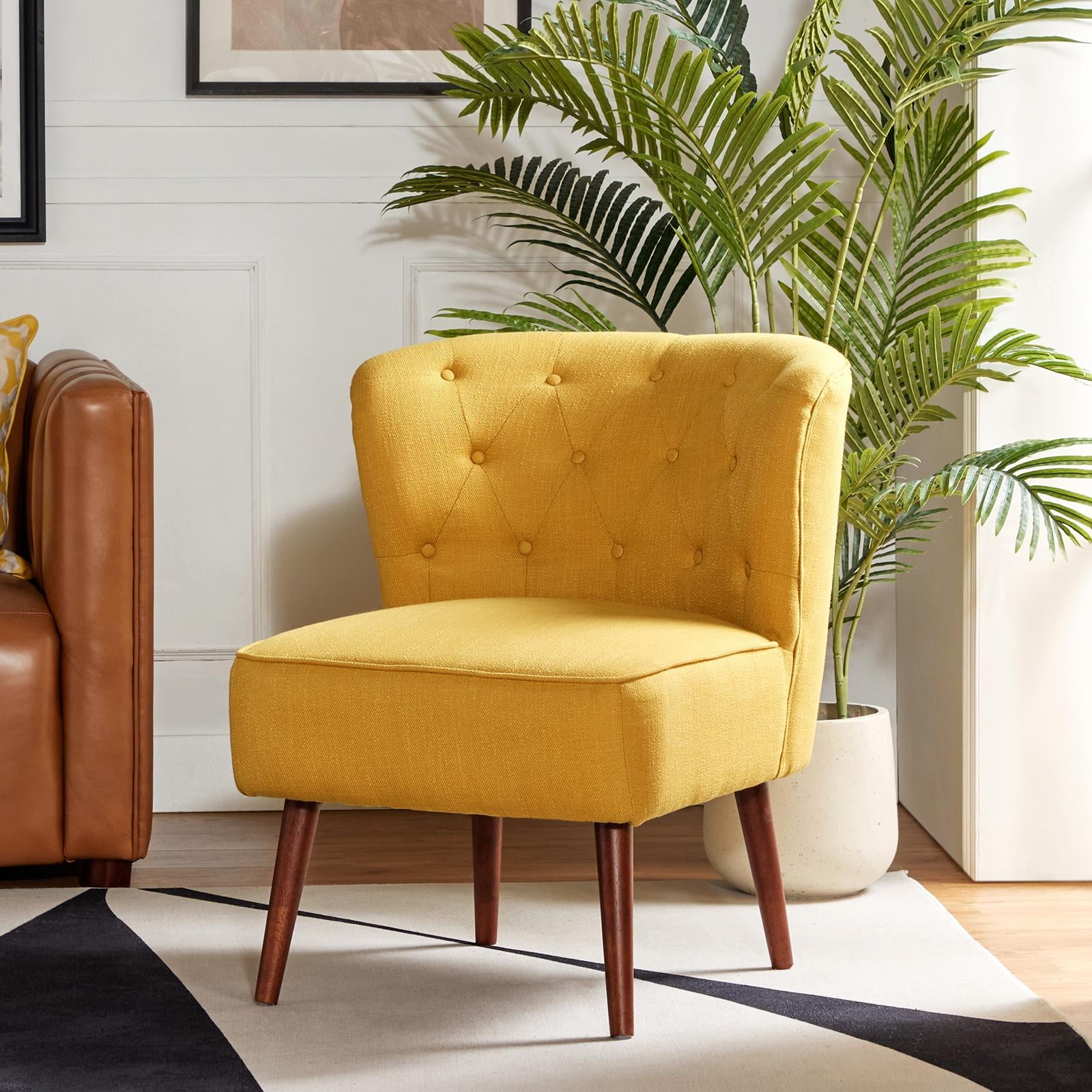 Modern Accent Dining Chair Wood Legs Upholstered Tufted Armless Vanity ...