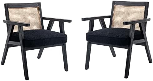 Modern Accent Rattan Chair Set of 2, Black Faux Fur Upholstered Living ...
