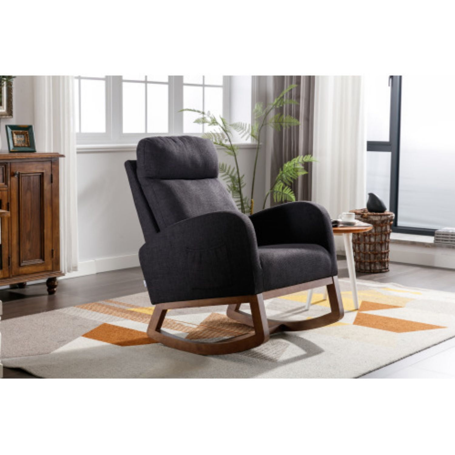 Modern Accent Rocking Chair, Upholstered Tall Back Arm Chair with Side ...