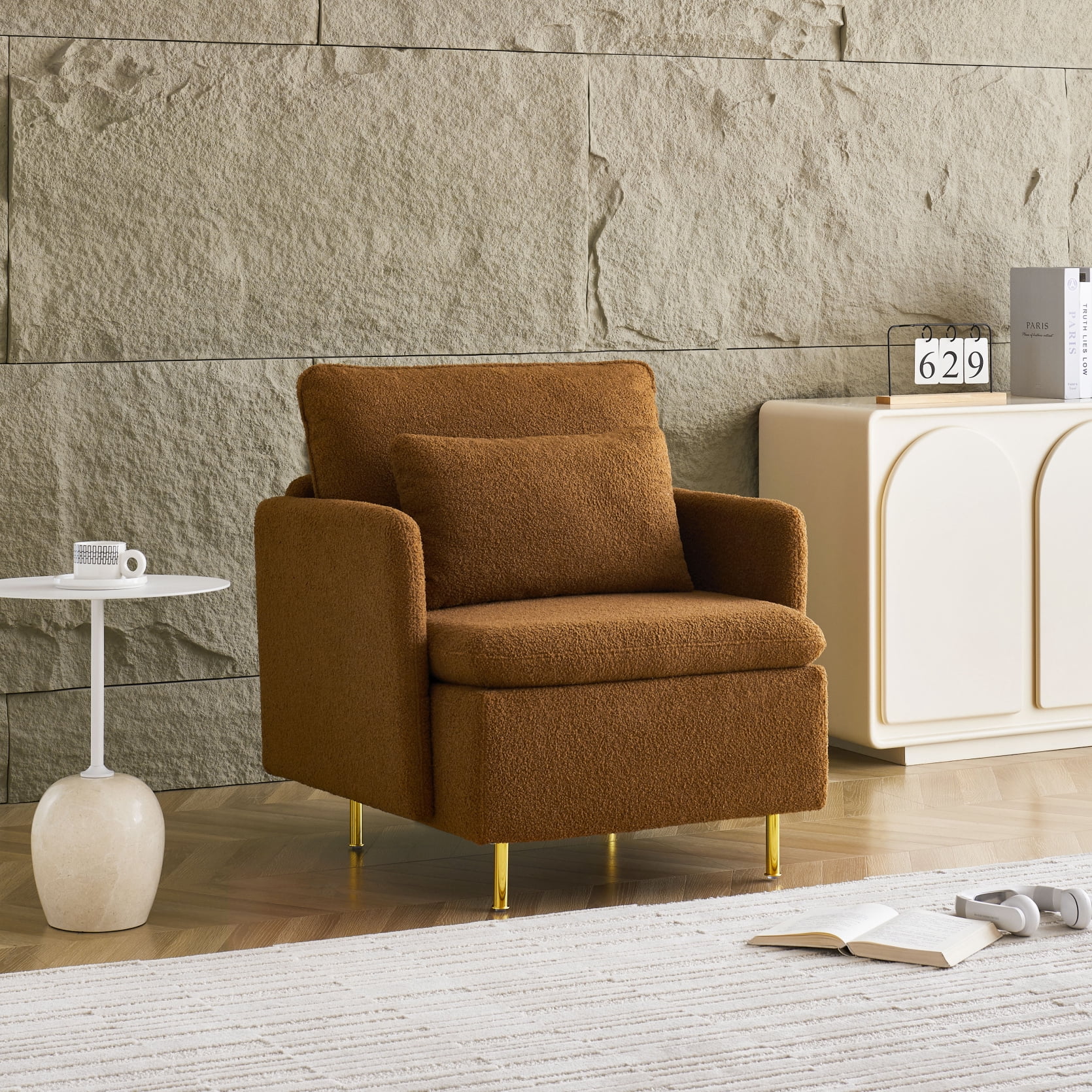 Modern Accent Single Sofa, Sherpa Upholstered Reading Chair with Slim ...