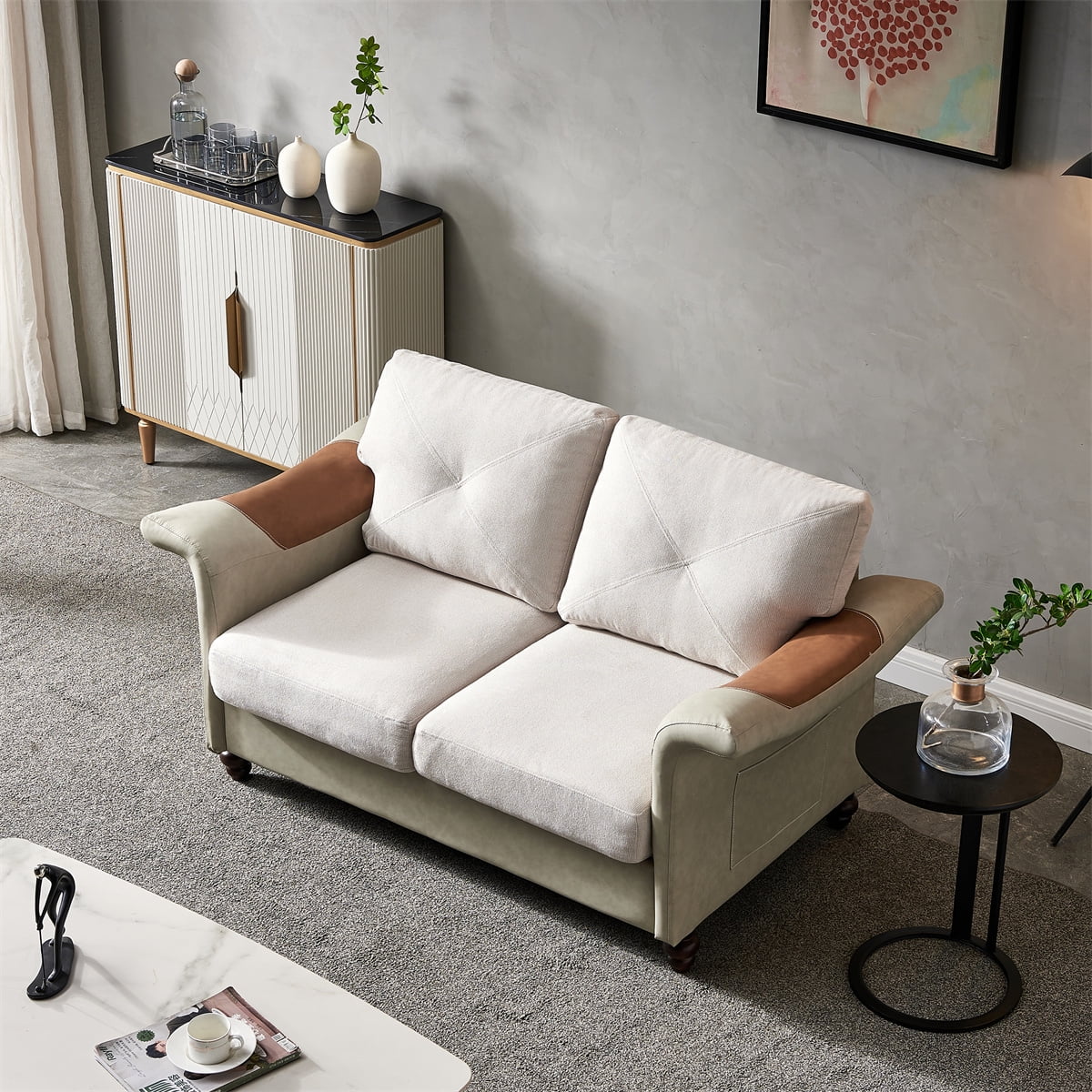 Modern Accent Sofa, Linen Fabric Faux Leather Love Seat with Solid Wood ...