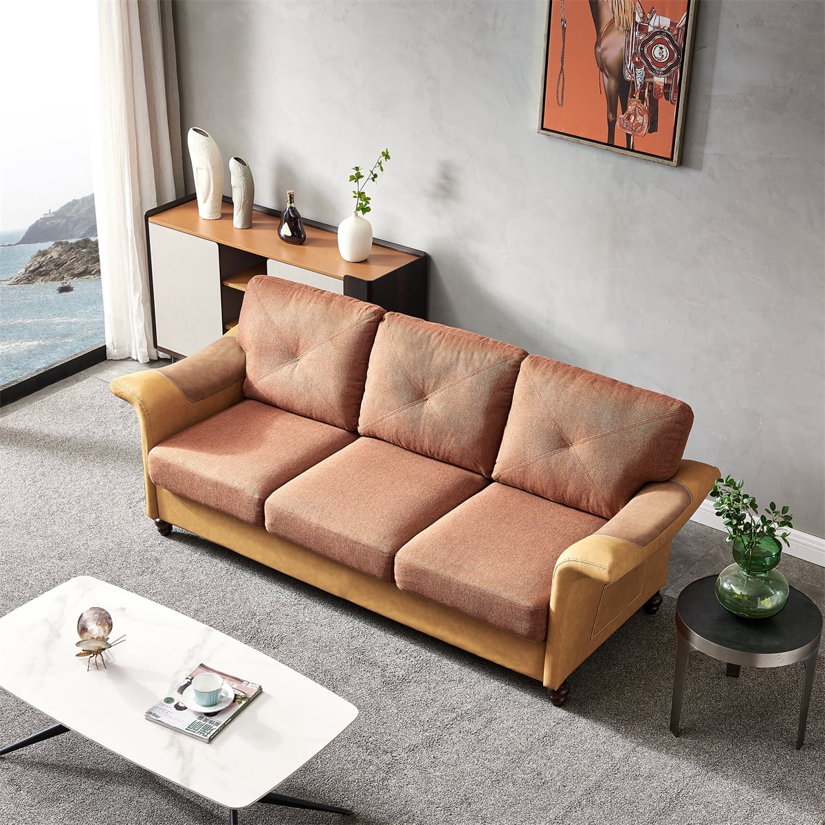 Modern Accent Sofa, Linen Fabric Faux Leather Love Seat with Solid Wood ...
